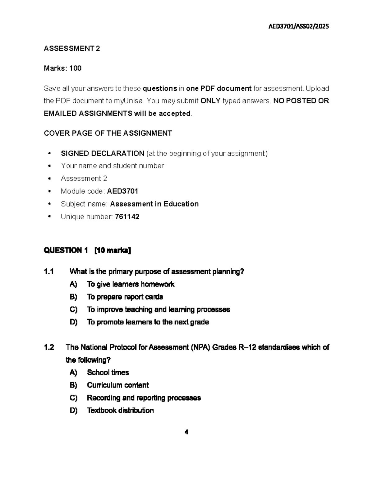 Ass 2 P4 - P4 of Assignment 2 - AED3701 - ASSESSMENT 2 Marks: 100 Save ...