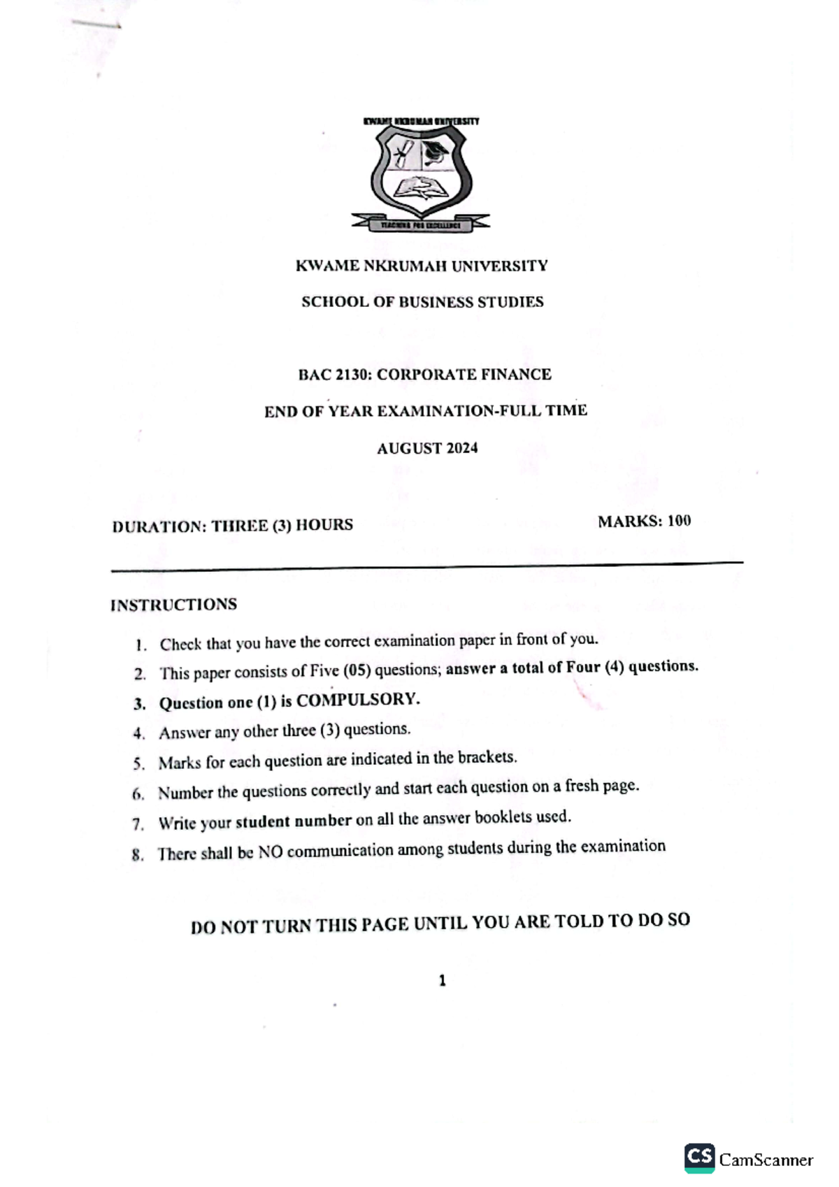 BAC 2130: Corporate Finance End of Year Exam - August 2024 - Studocu