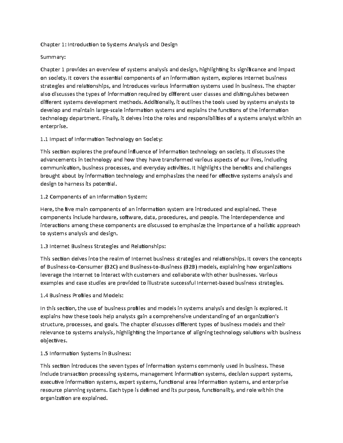 Chapter 1 Summary Introduction to Systems Analysis and Design - Chapter ...
