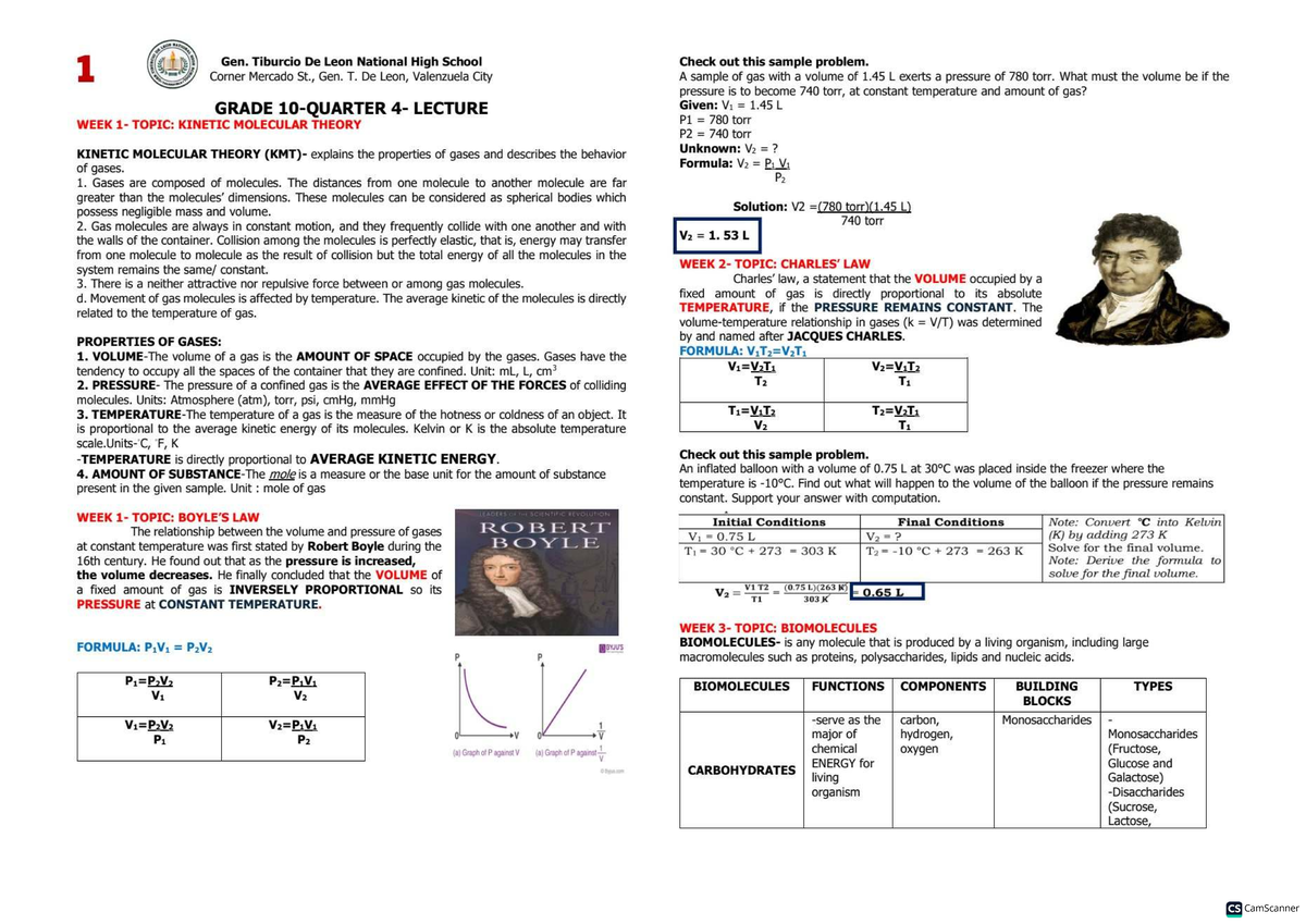 Q4 - Lecture Reviewer: Kinetic Molecular Theory & Gas Laws - Studocu