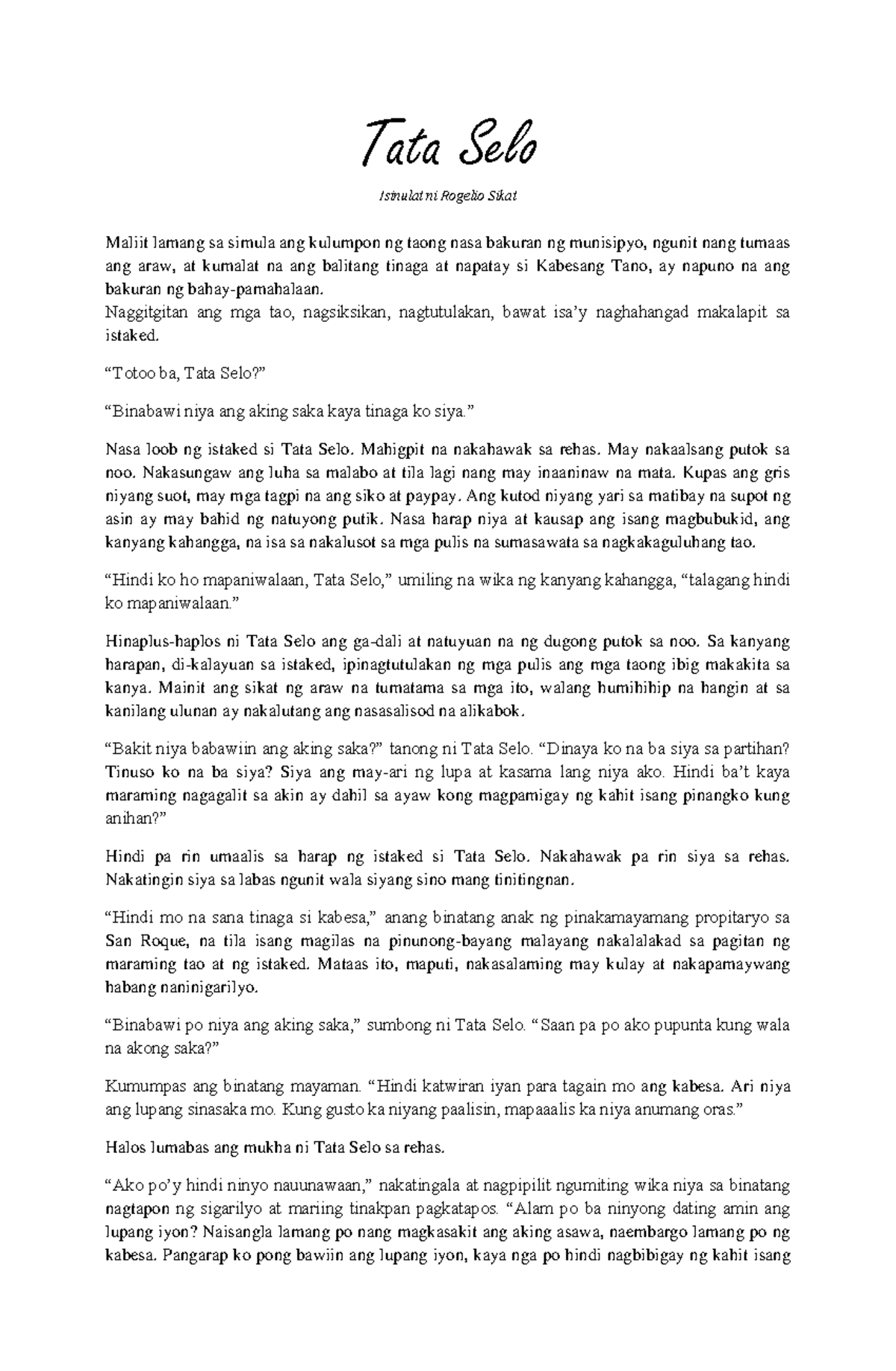 Tata-Selo - Naa - Tata Selo Isinulat ni Rogelio Sikat Maliit lamang sa ...