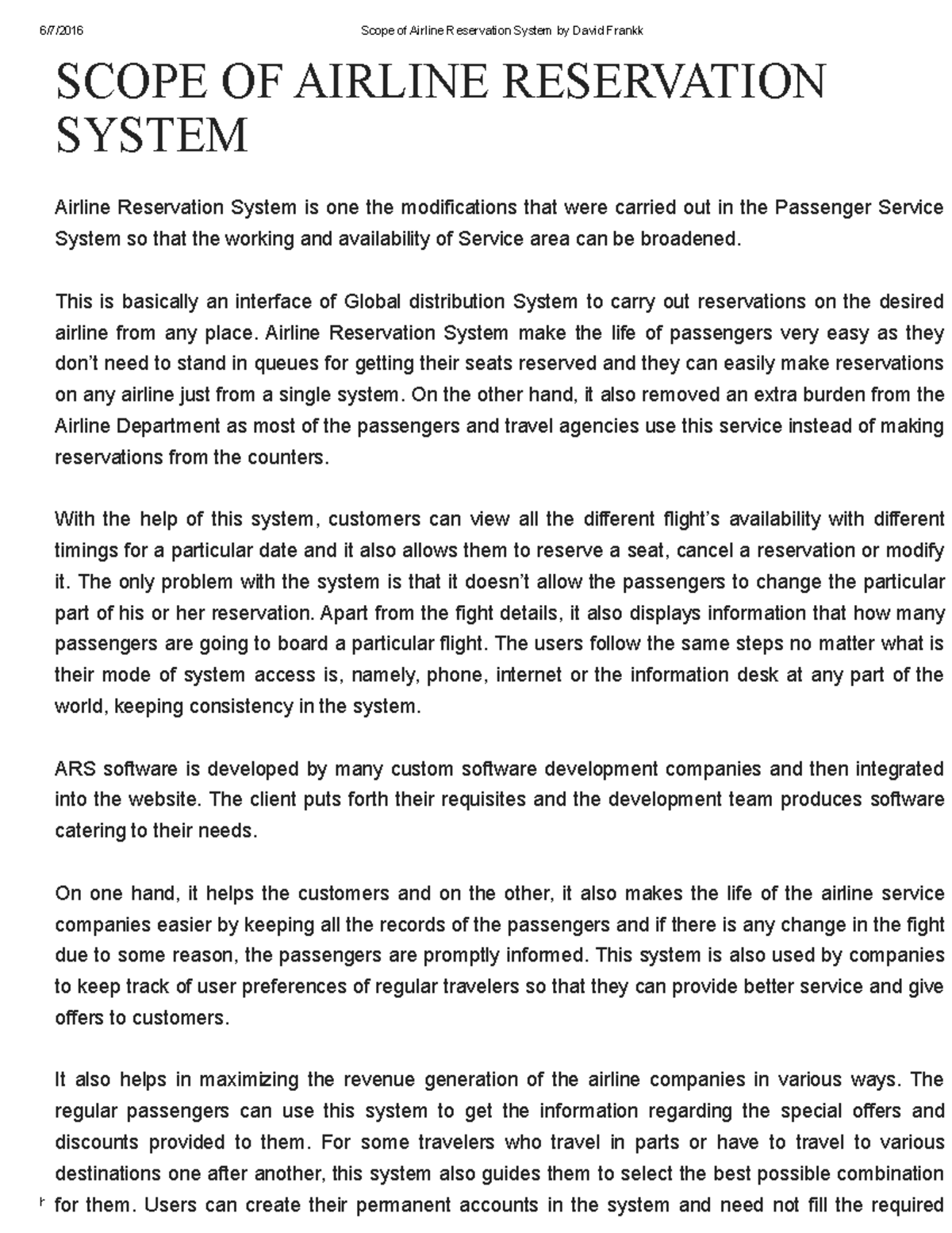 Scope of Airline Reservation System - This is basically an interface of ...