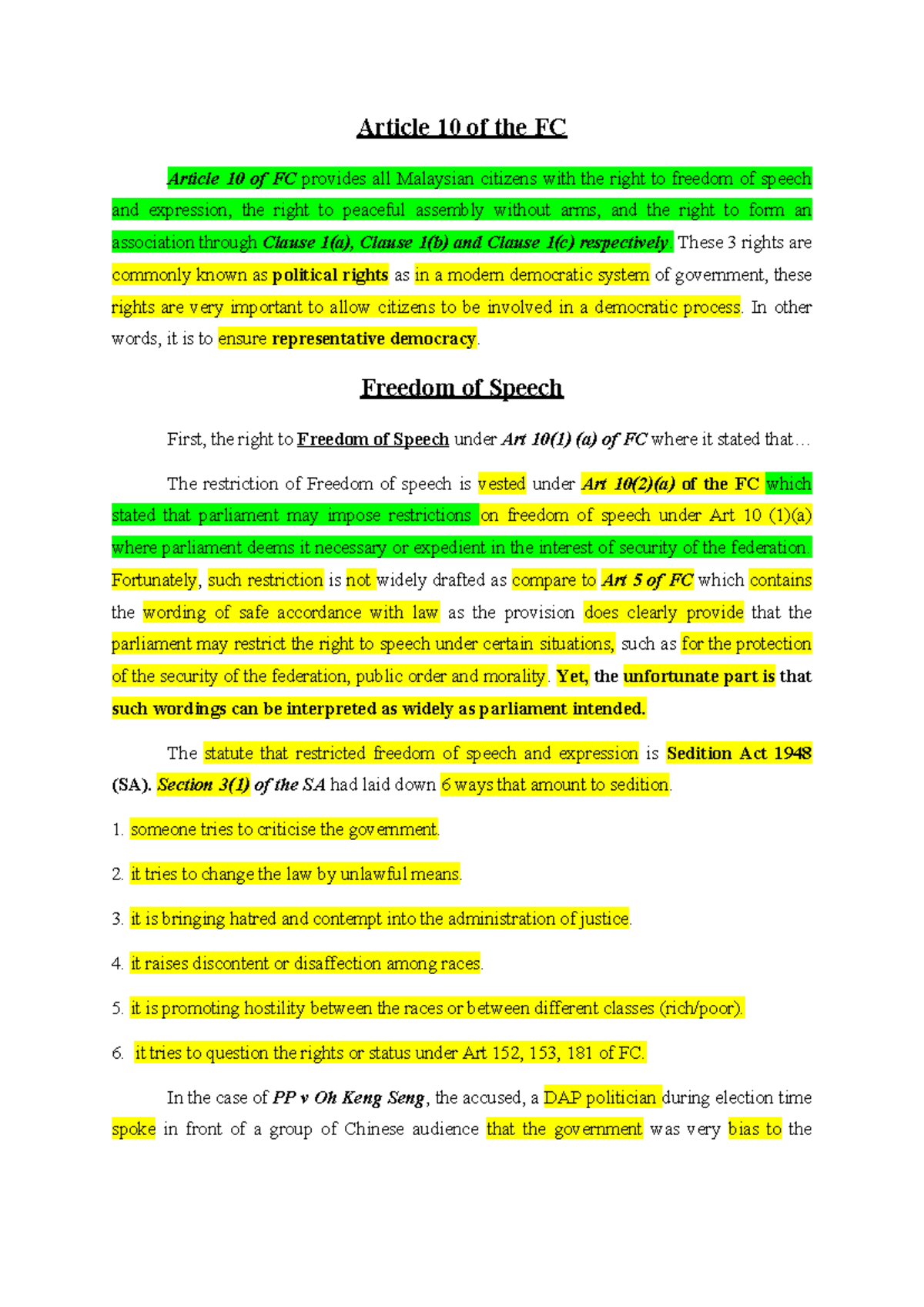 Article 10 of the FC: Political Rights and Freedom of Expression - Studocu