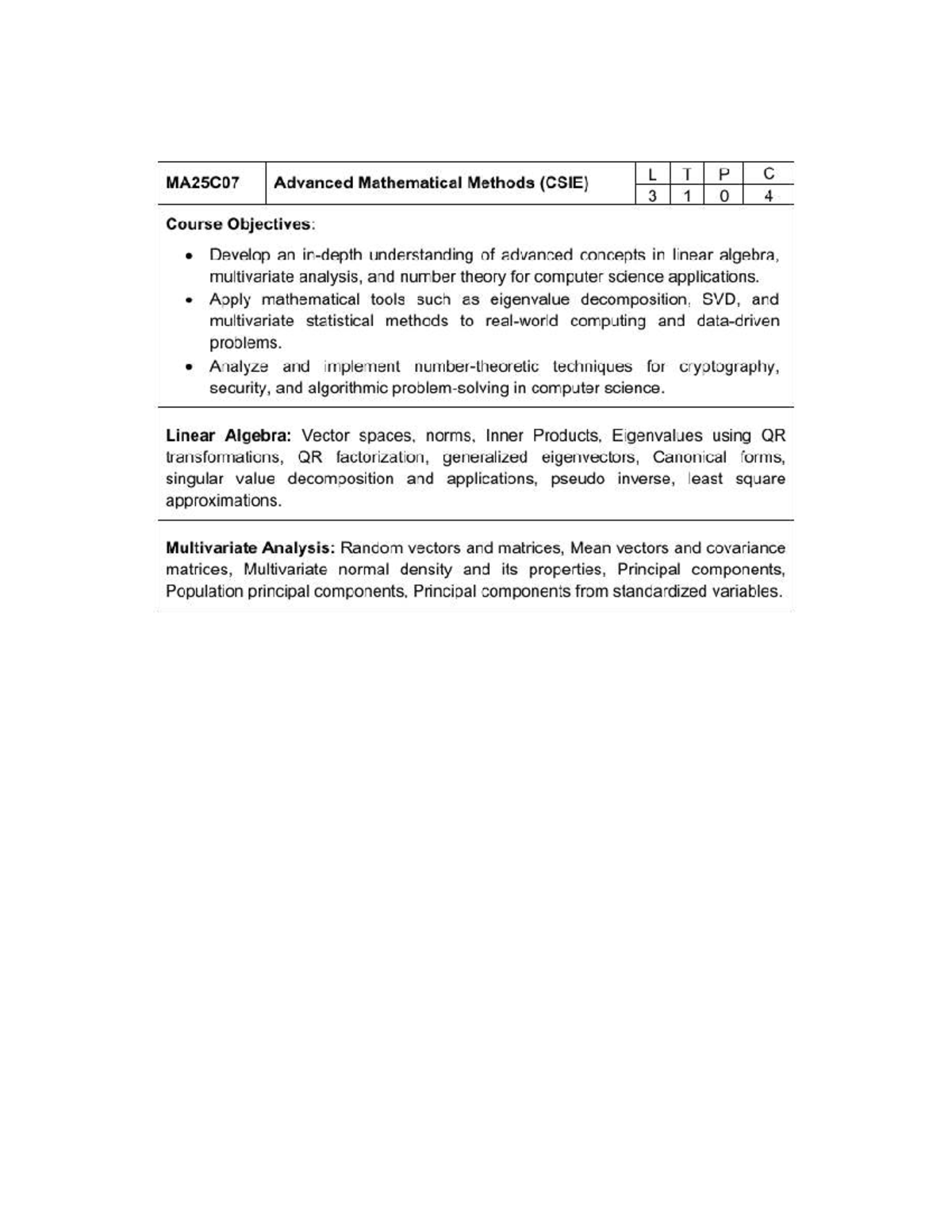 LTPC MA25C07 Advanced Mathematical Methods Overview and Concepts - Studocu