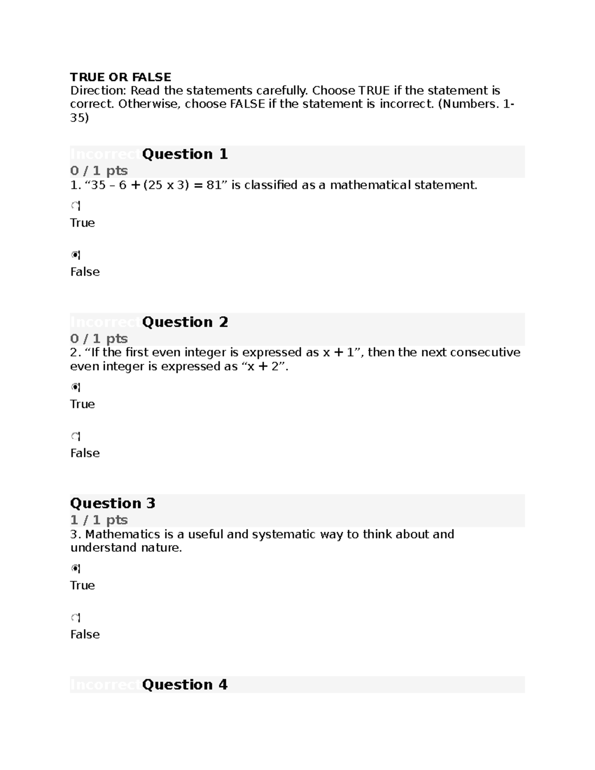 Prelim - Reviewer for All Math True/False & Multiple Choice Questions - Studocu