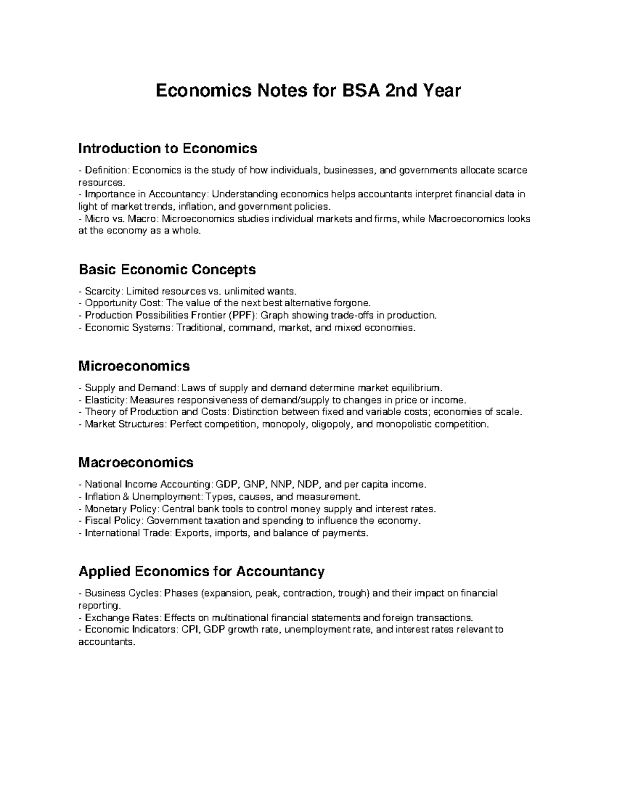 Economics Notes for BSA 2nd Year: Key Concepts & Applications - Studocu