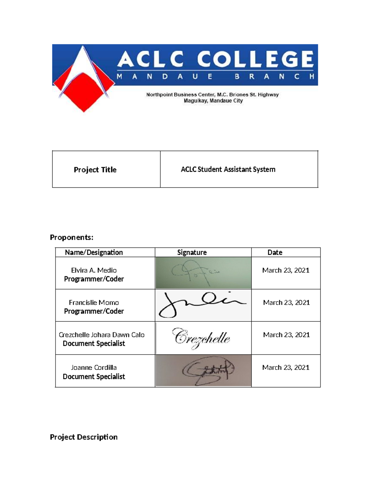 ACLC Student Assistant System Project Charter - March 2021 - Studocu