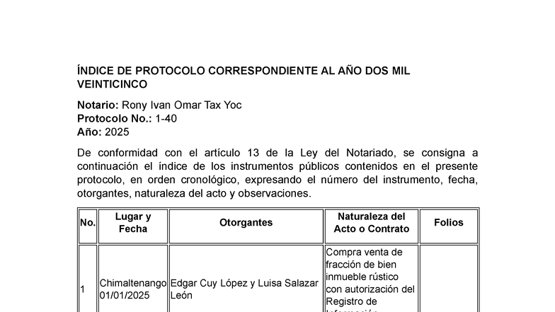 Índice de Protocolo Notarial 2025 - Notario Rony Ivan Omar Tax Yoc ...