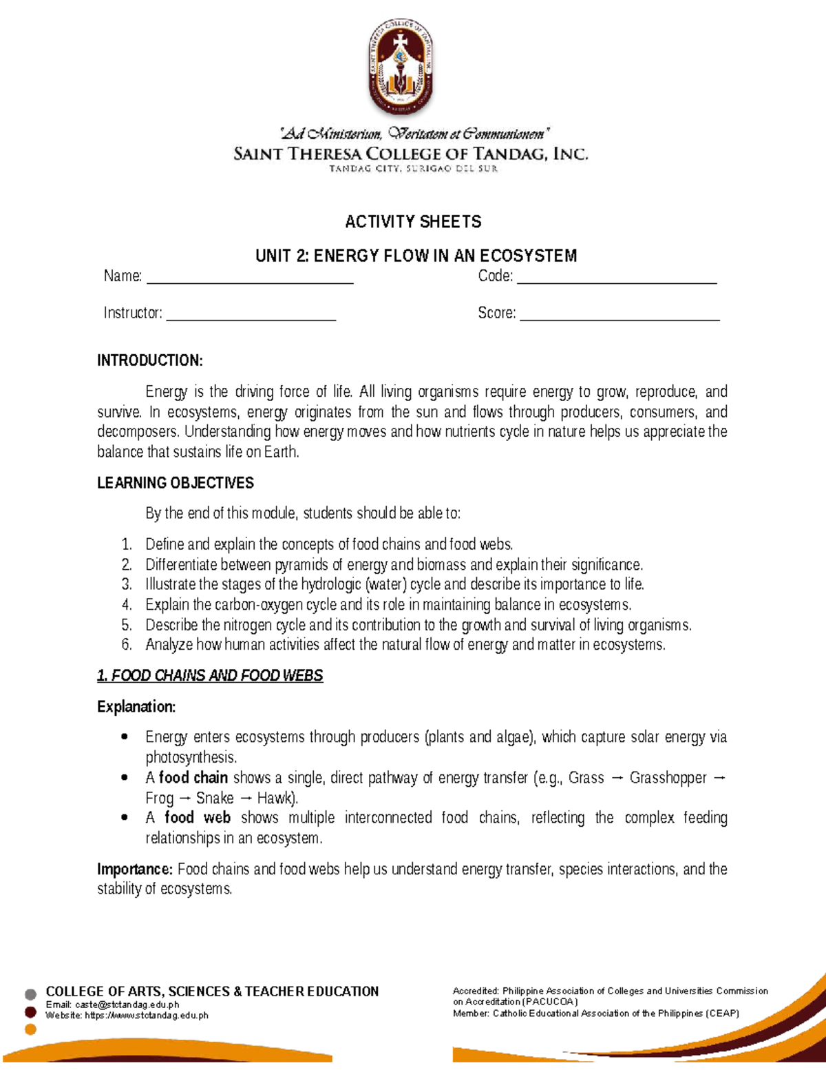 ACTIVITY SHEETS UNIT 2: ENERGY FLOW IN ECOSYSTEMS - Studocu
