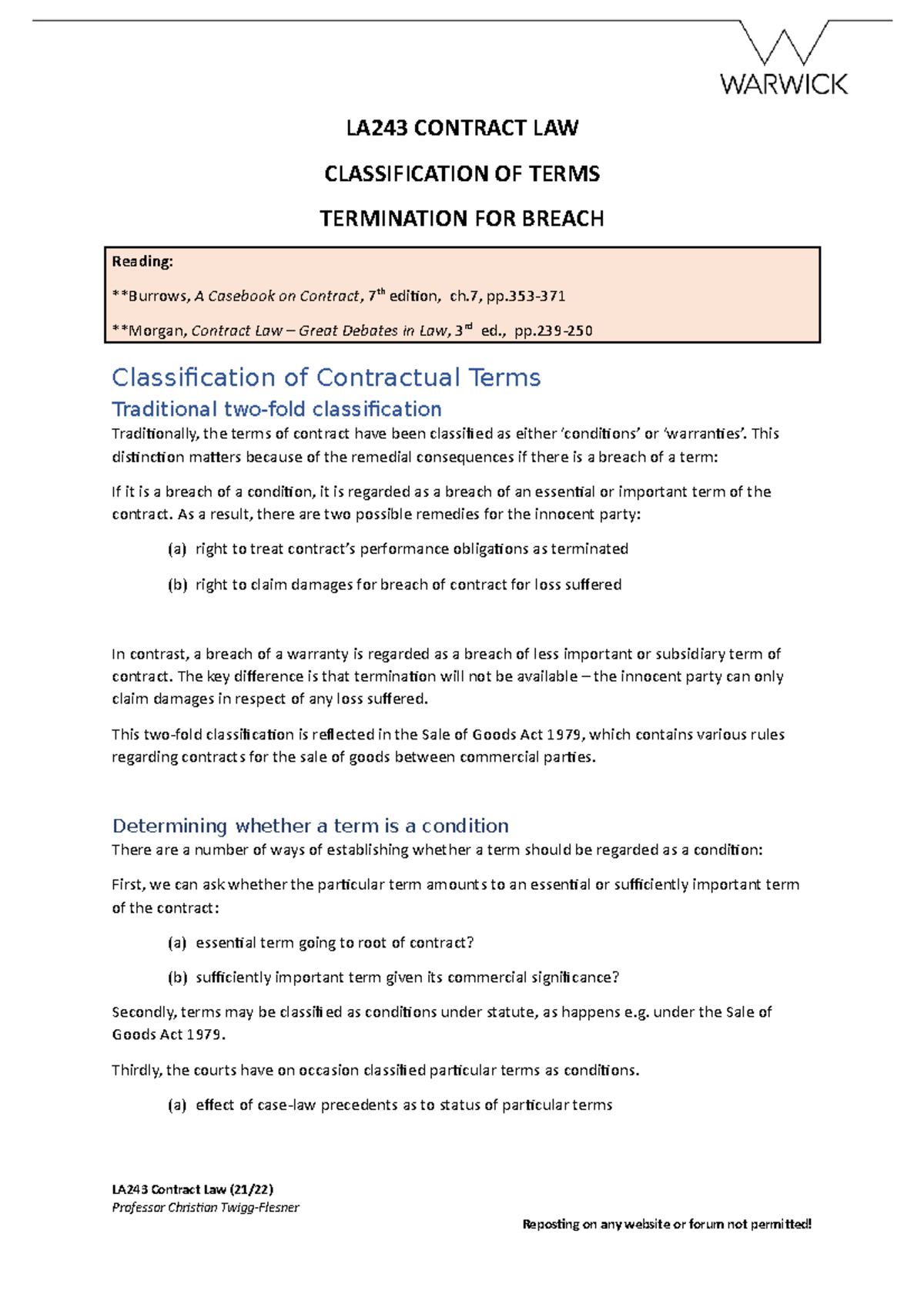 Classification Termination 2022 - LA243 CONTRACT LAW CLASSIFICATION OF ...