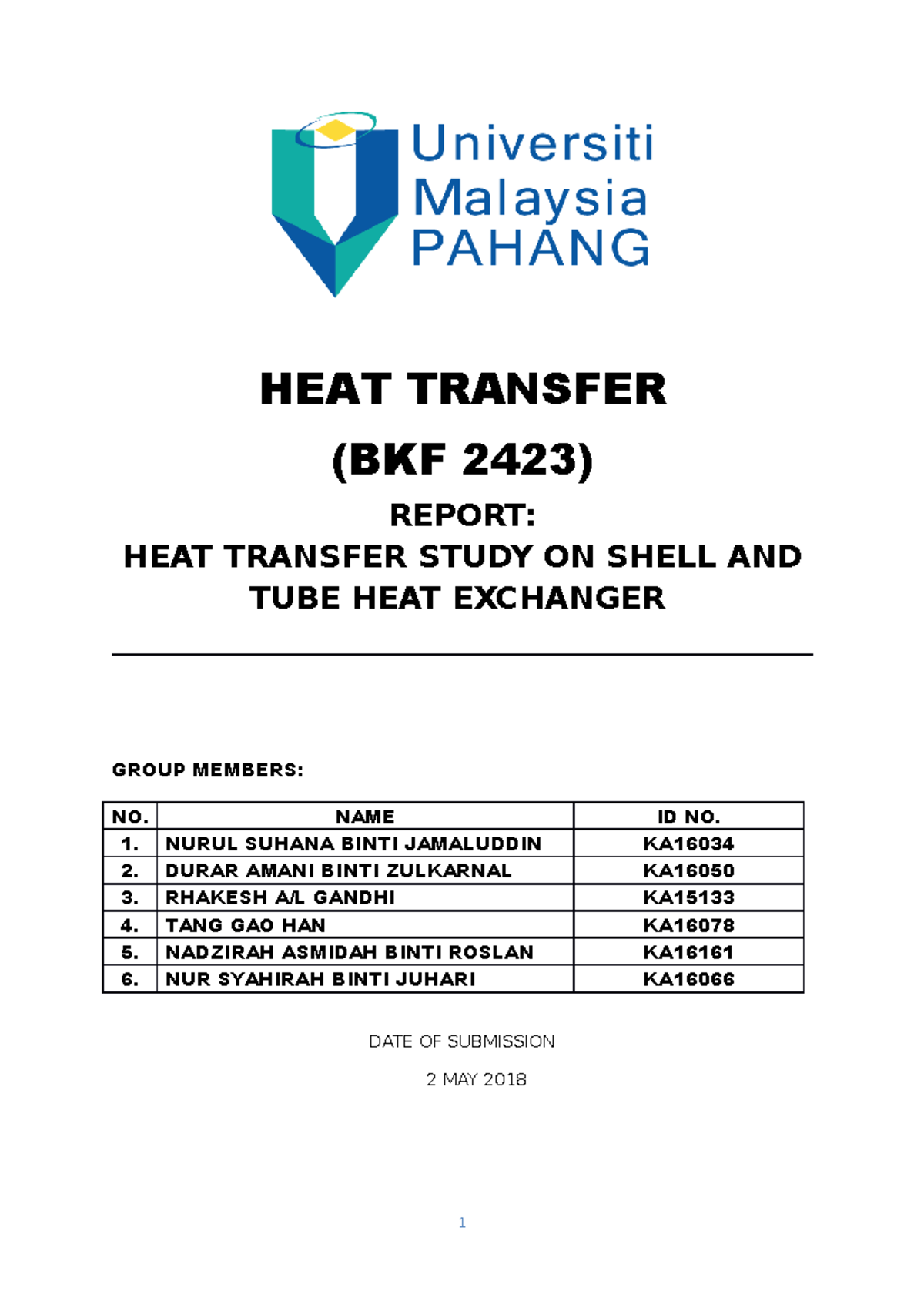 Heat Transfer Study on Shell and Tube Heat Exchanger (BKF 2423) Lab ...