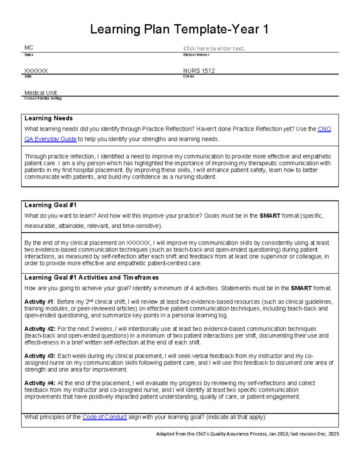 NURS 1512 Year 1 Learning Plan: Enhancing Communication Skills - Studocu