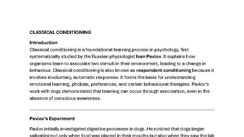 PSY 101: Classical Conditioning Overview and Key Concepts - Studocu