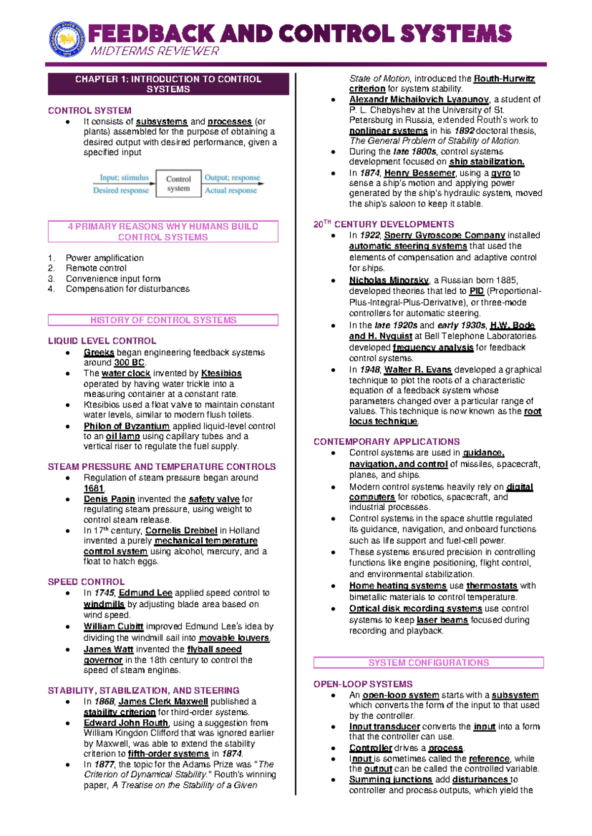 Chapter I - Introduction to Control Systems - MIDTERMS REVIEWER CHAPTER ...