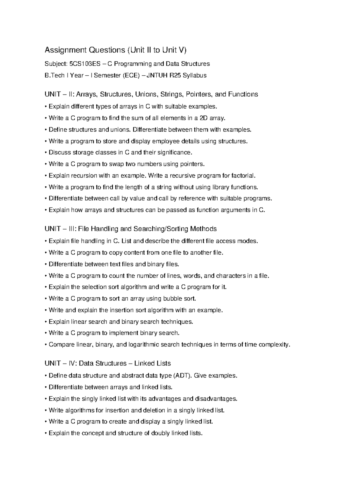 C Programming & Data Structures Assignment: Units II-V (5CS103ES) - Studocu
