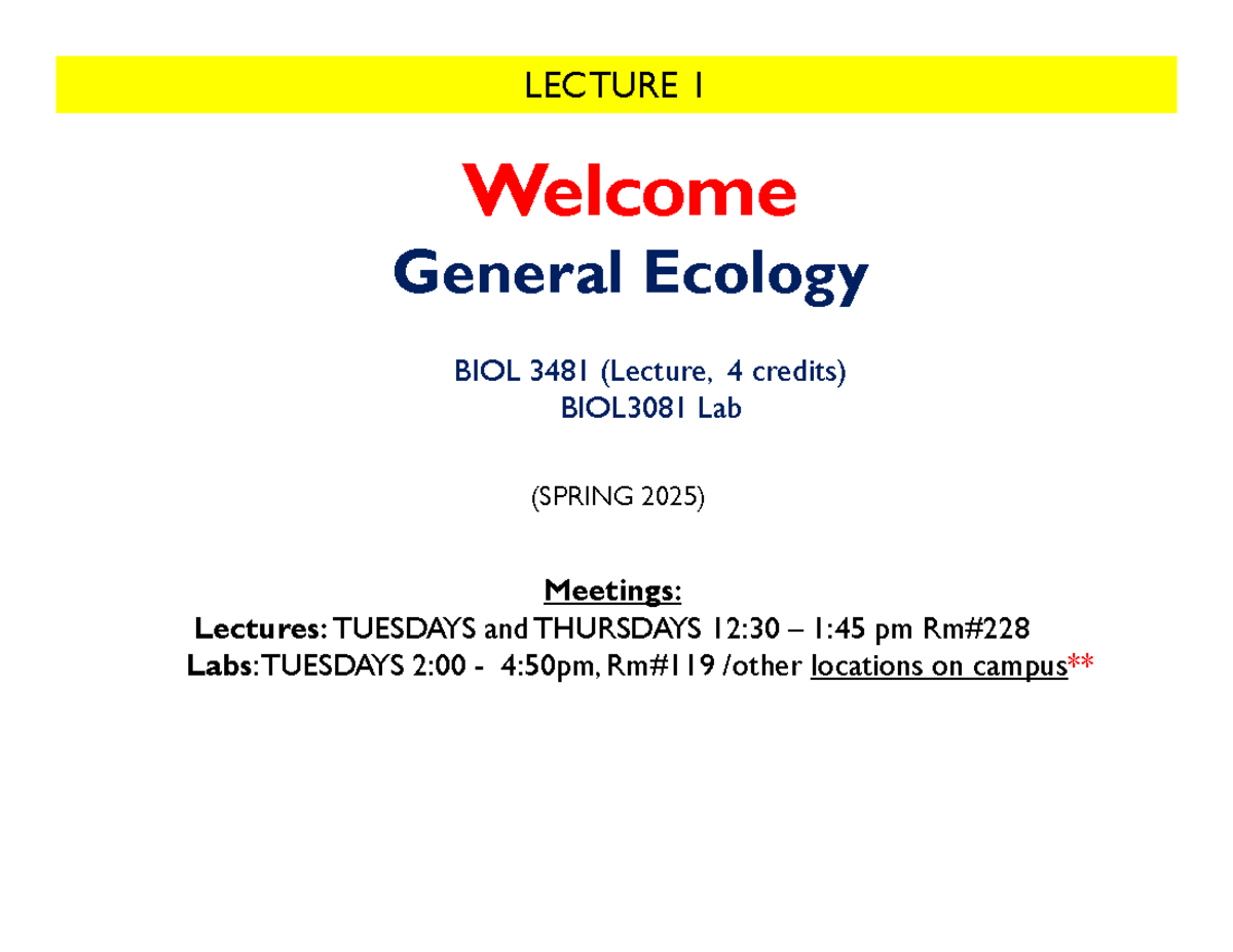 BIOL 3481 - General Ecology Lecture 1: Introduction and Course Overview ...