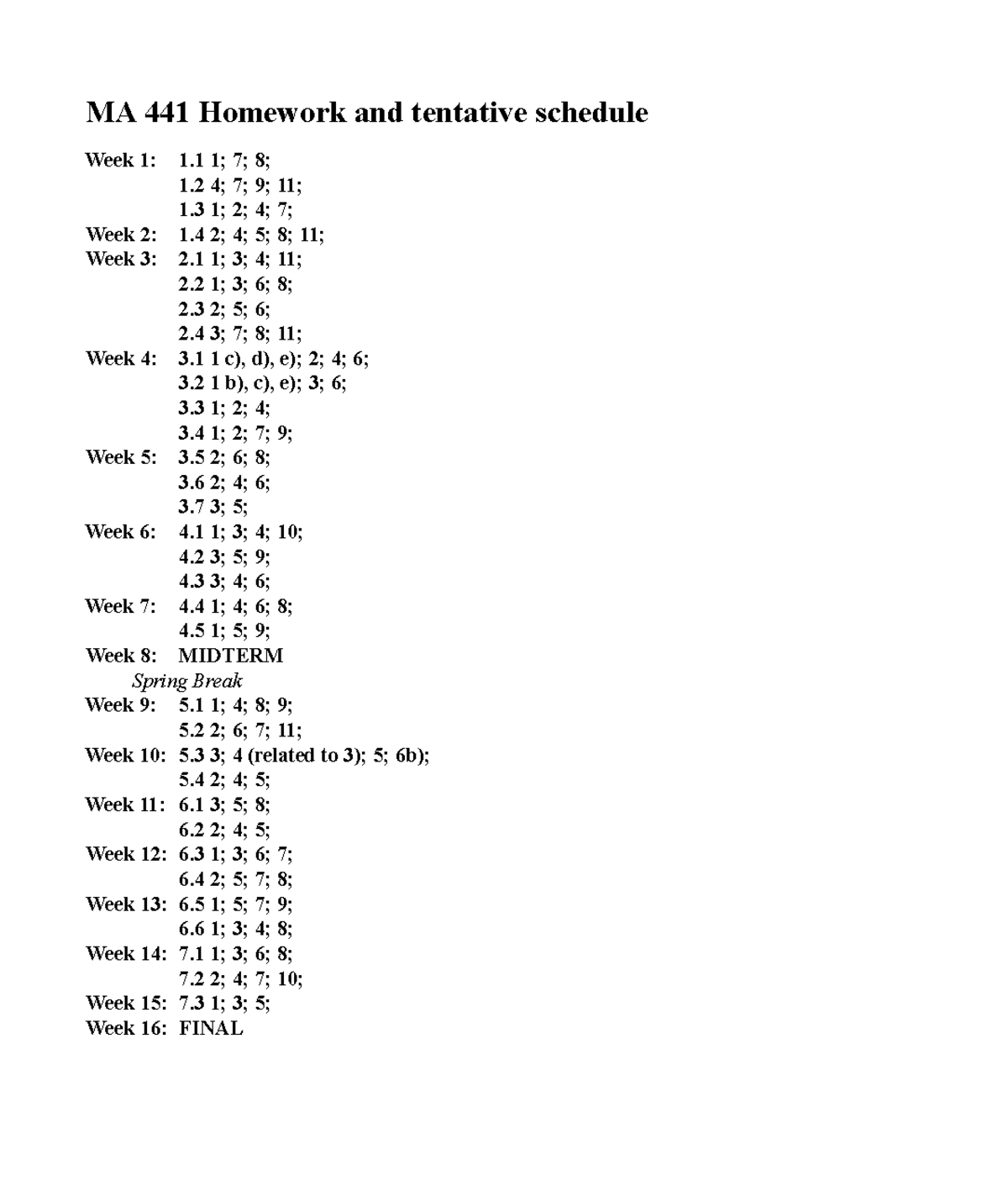 Homework MA441 Spring 25 - MA 441 Homework and tentative schedule Week ...