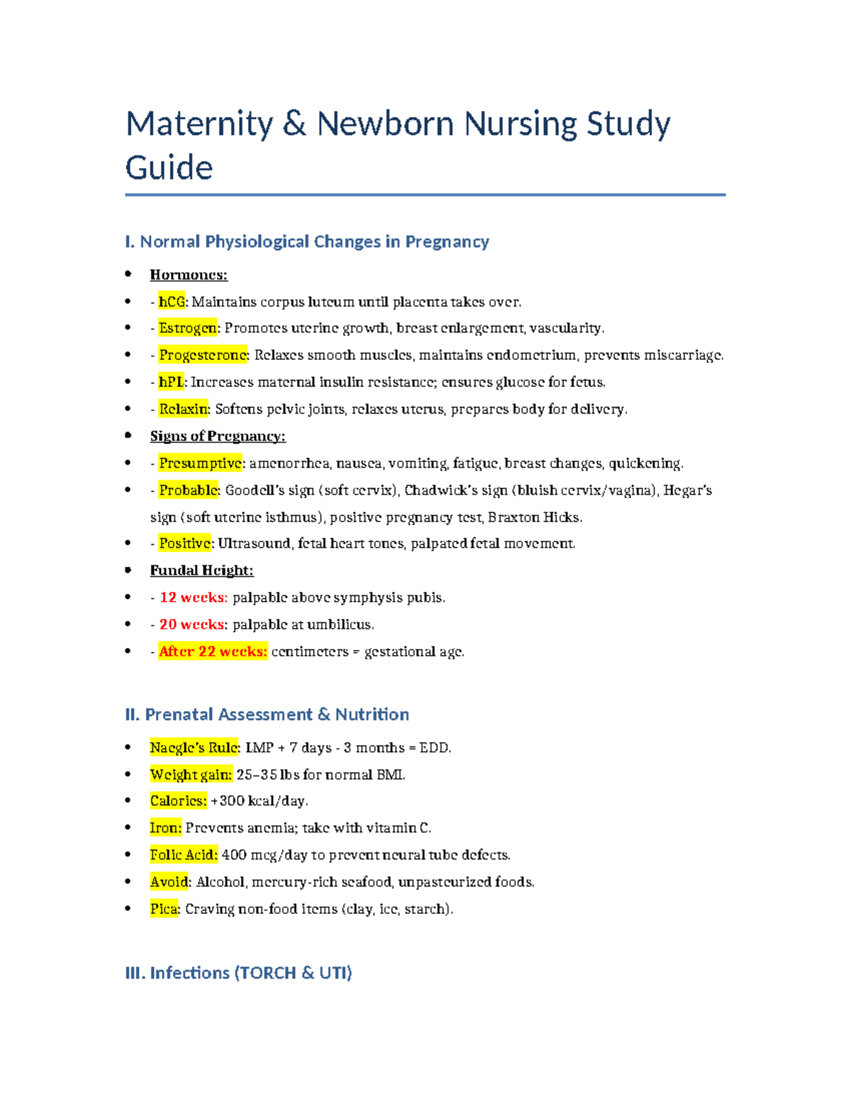 Maternity Newborn Nursing Study Guide: Physiological Changes ...