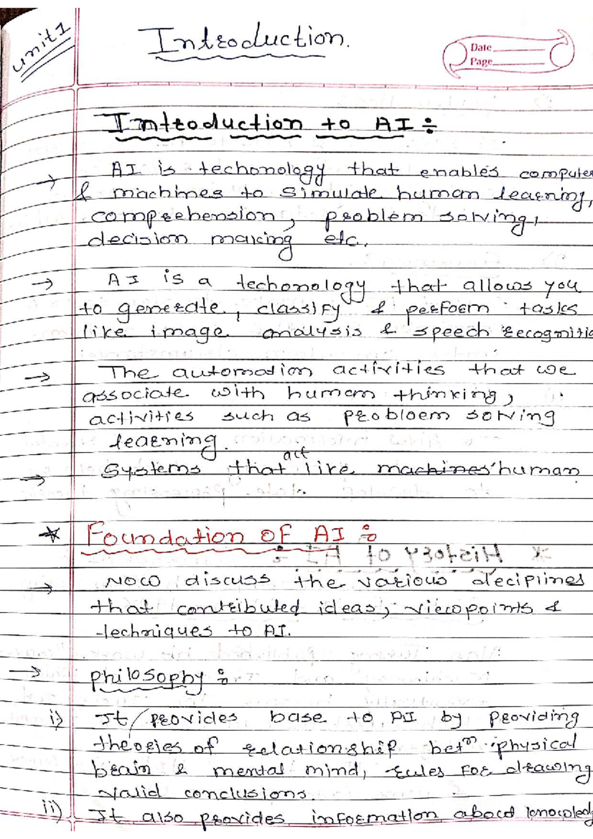 UNIT 1: Introduction to AI - Handwritten Notes - Studocu