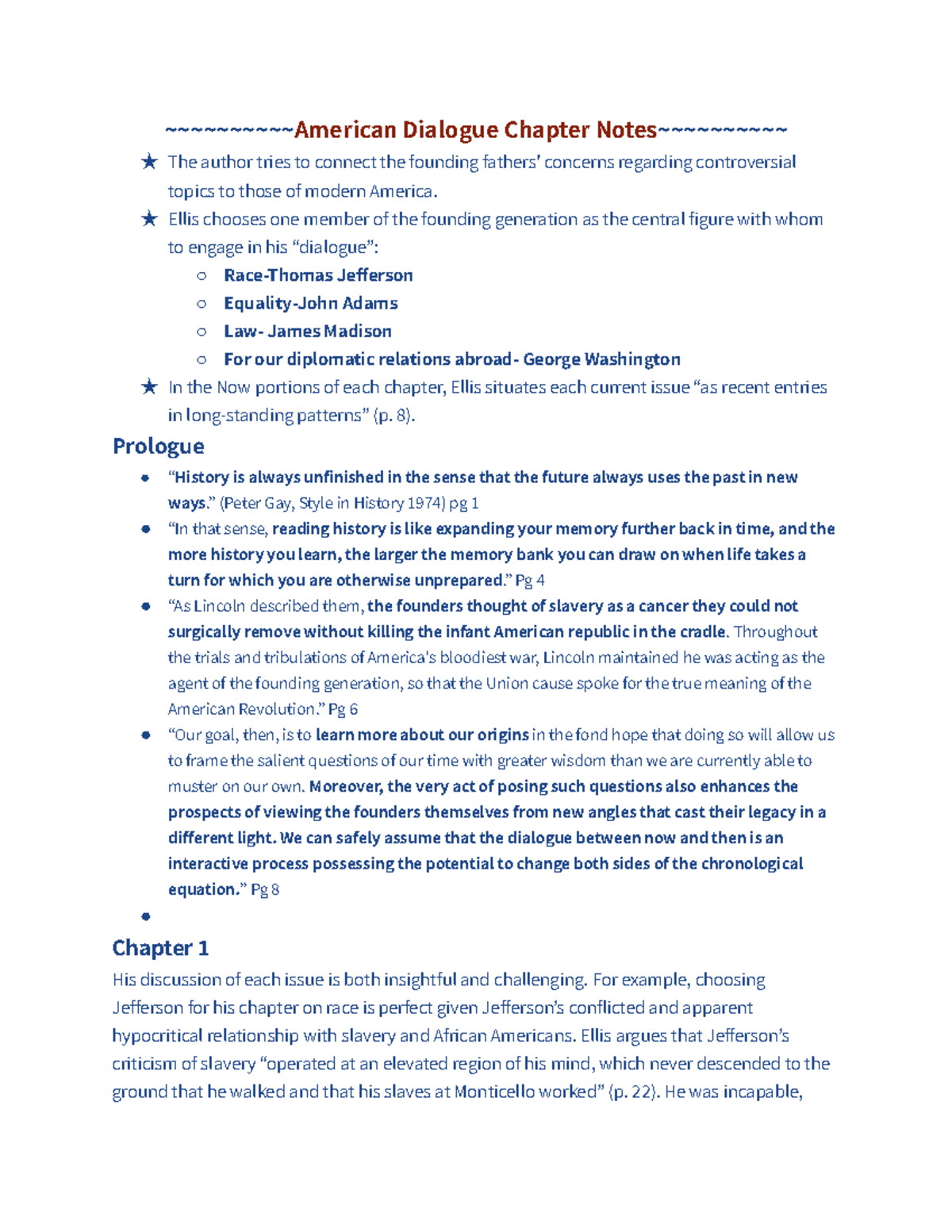 American Dialogue: Chapter Notes on Founding Fathers' Legacy - Studocu