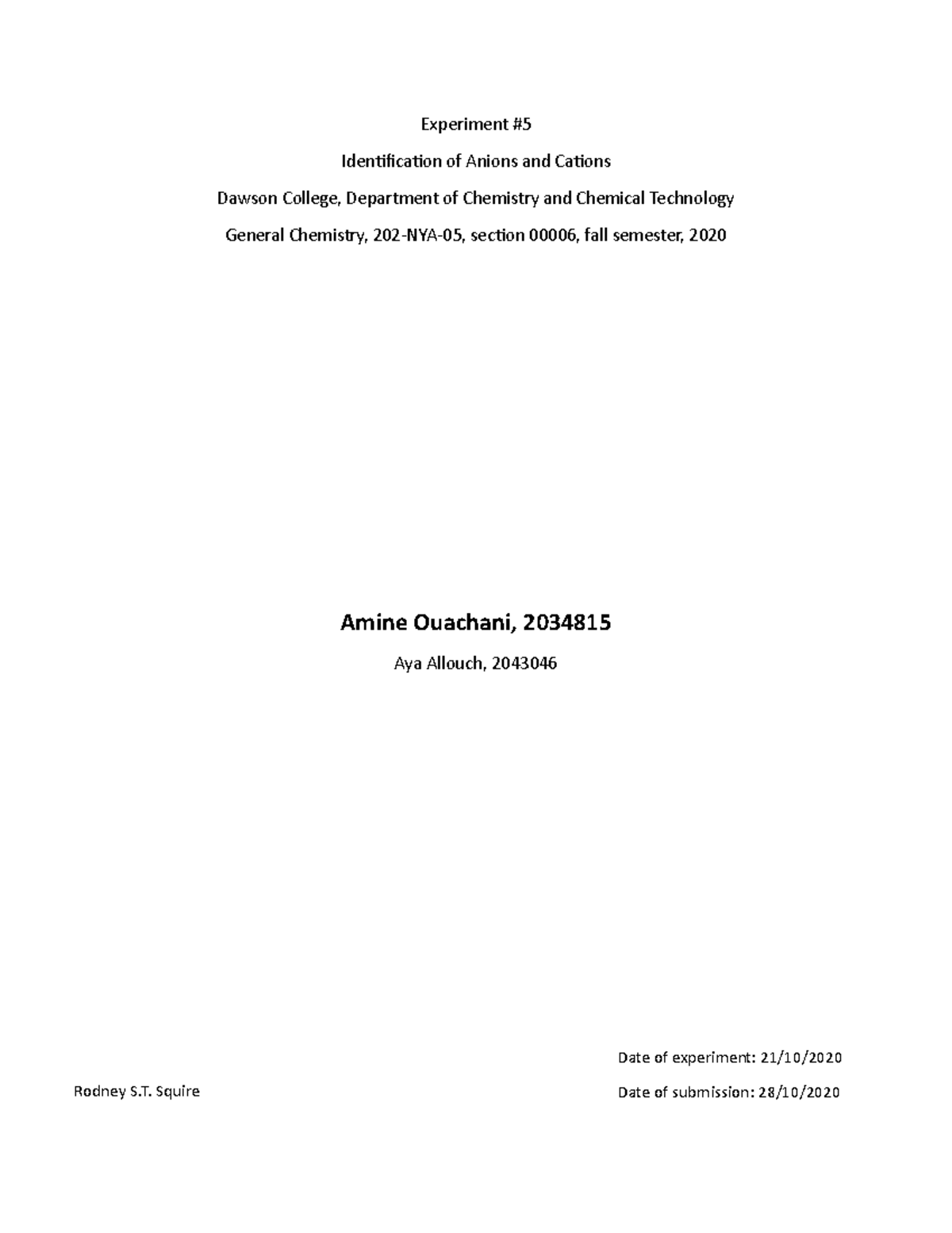 Identification of Anions and Cations in General Chemistry 202-NYA-05 ...