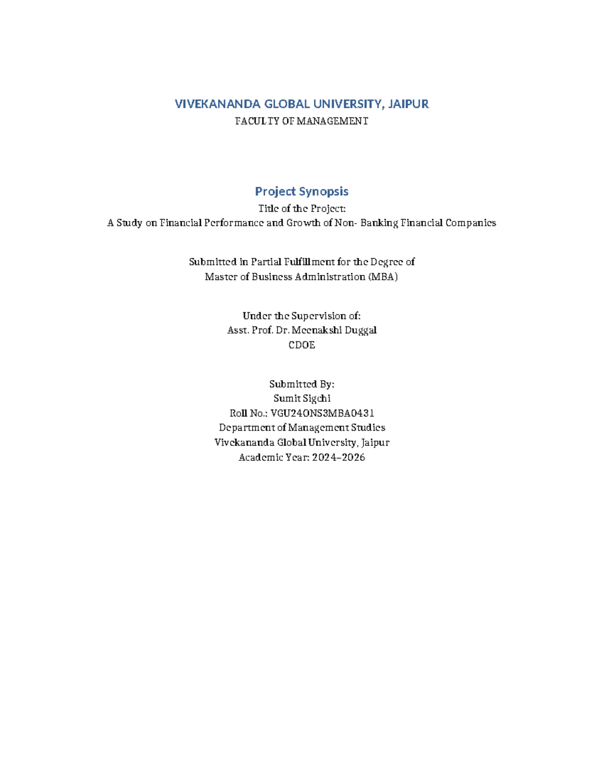 MBA Project Synopsis VGU: Financial Performance of NBFCs Study - Studocu