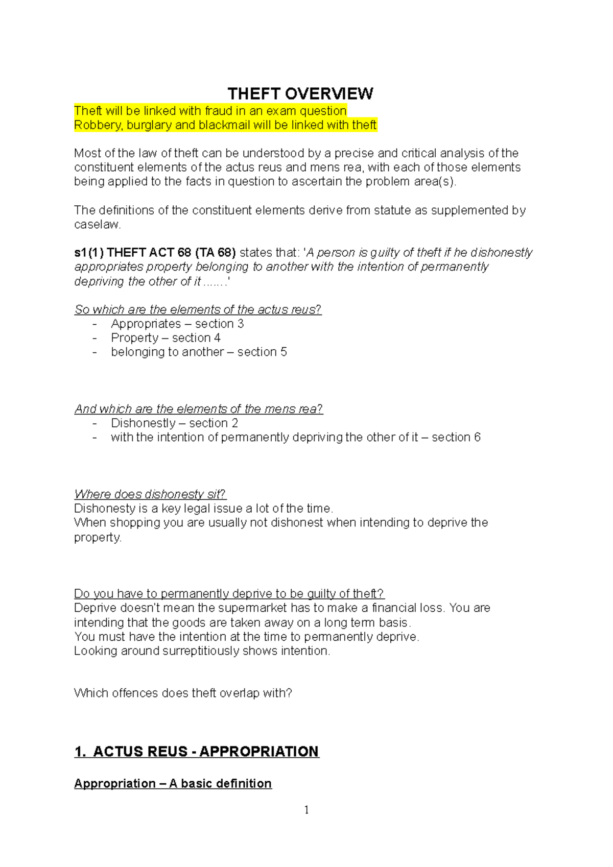 Lecture 11 - Theft - THEFT OVERVIEW Theft will be linked with fraud in ...