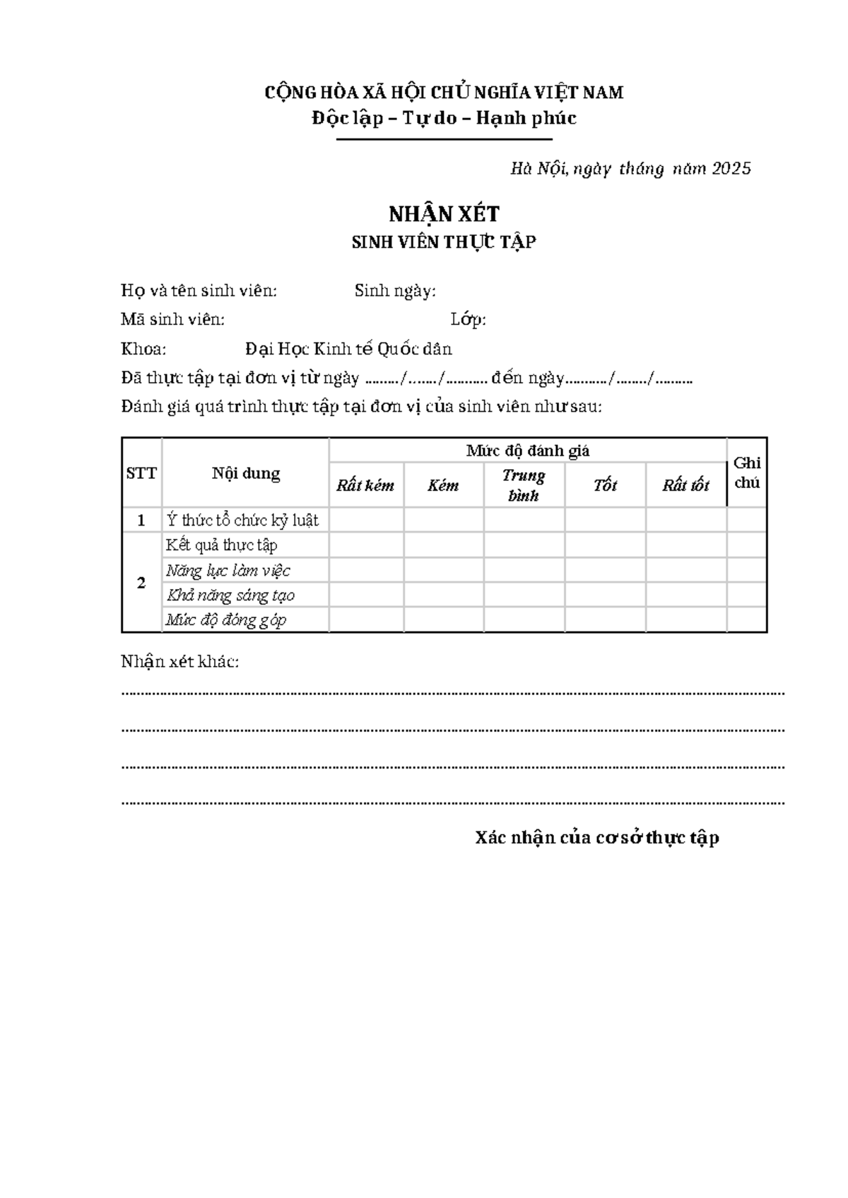 Nhận xét của đơn vị thực tập - C Ộ NG HÒA XÃ H ỘI CHỦ NGHĨA VIỆ T NAM Đ ...