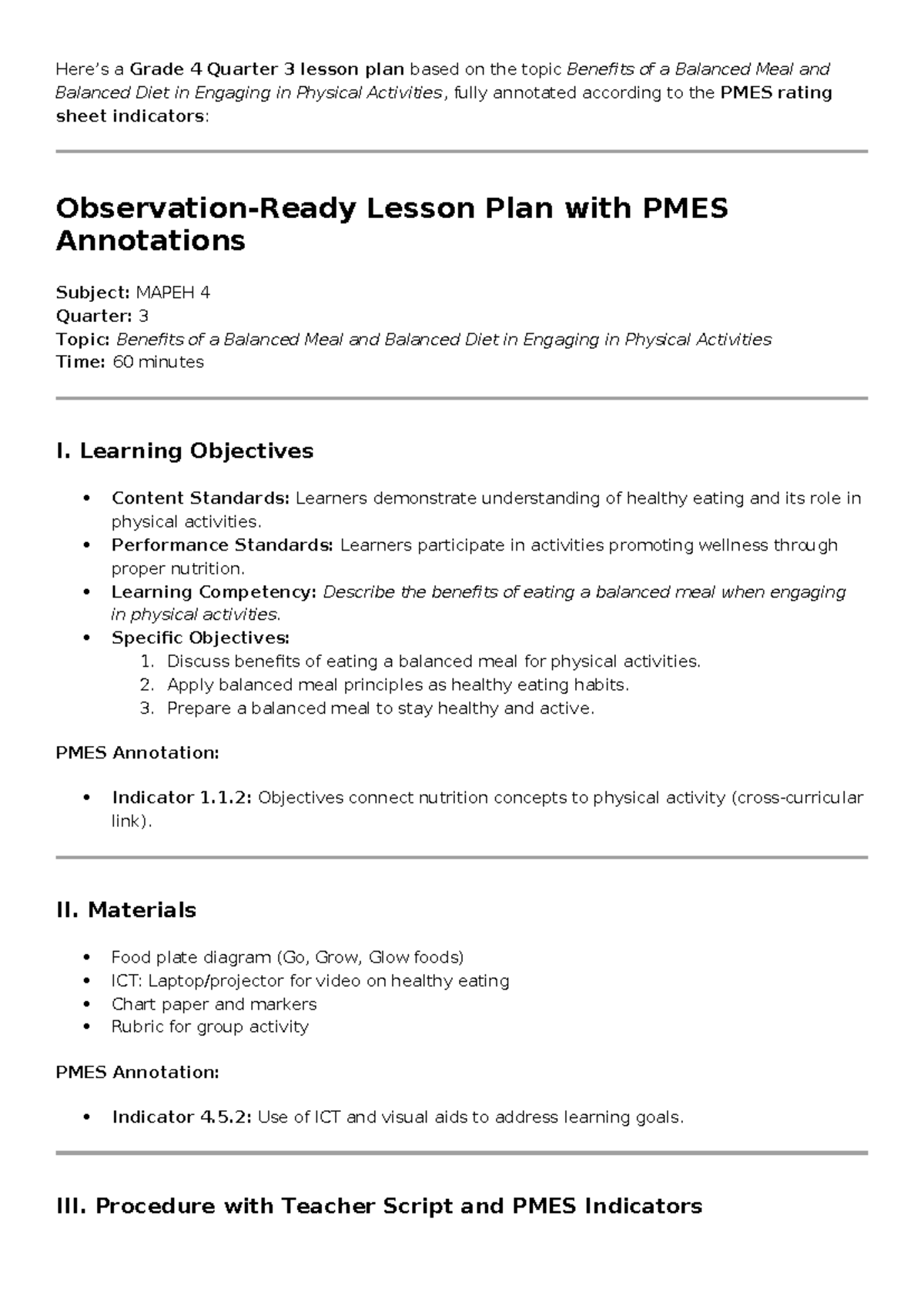 Q3 G4 MAPEH Lesson Plan: Benefits of a Balanced Meal for Physical ...
