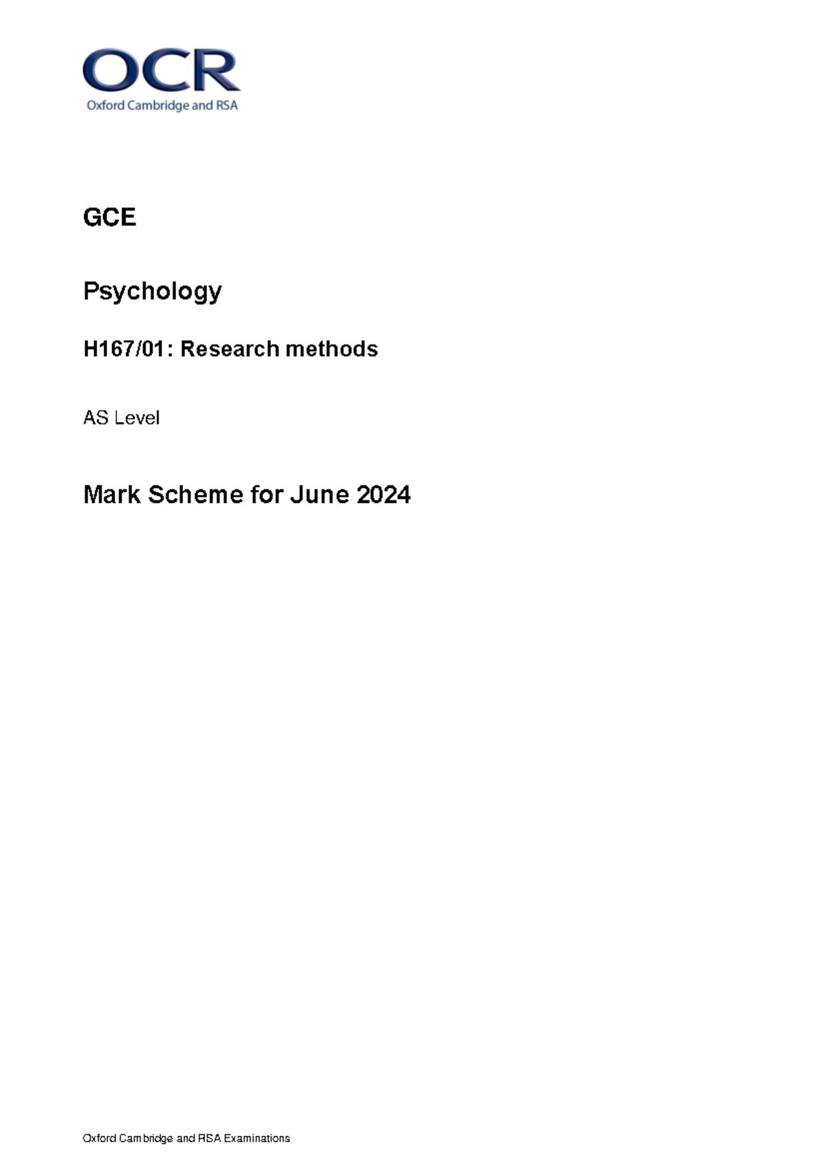 Mark Scheme for GCE Psychology Research Methods AS Level (H167 01 ...
