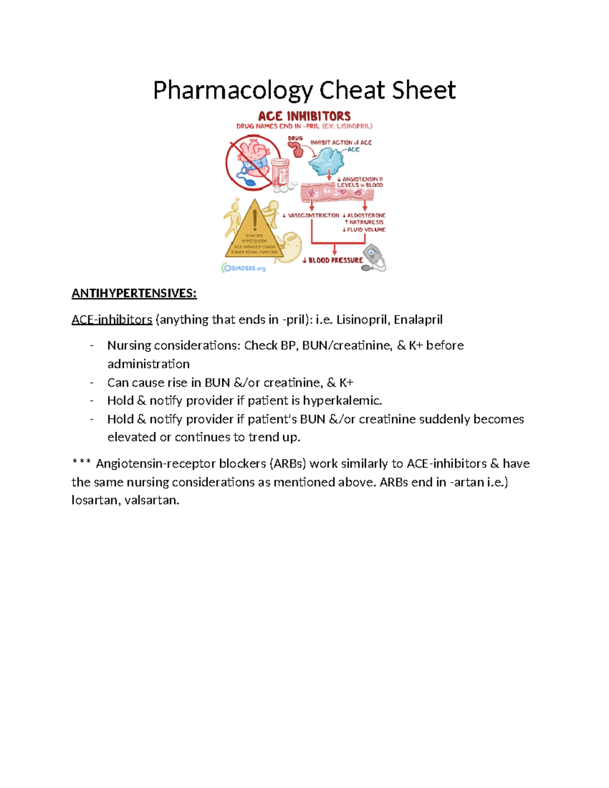Pharmacology Cheat Sheet: Antihypertensives & Diuretics Guide - Studocu