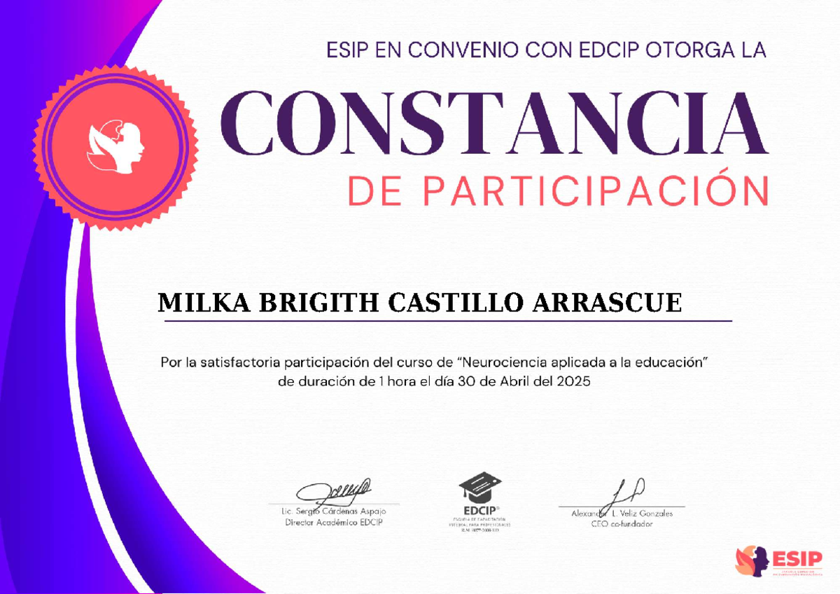 Constancia de Participación - Curso EDCIP - Milka Castillo Arrascue ...