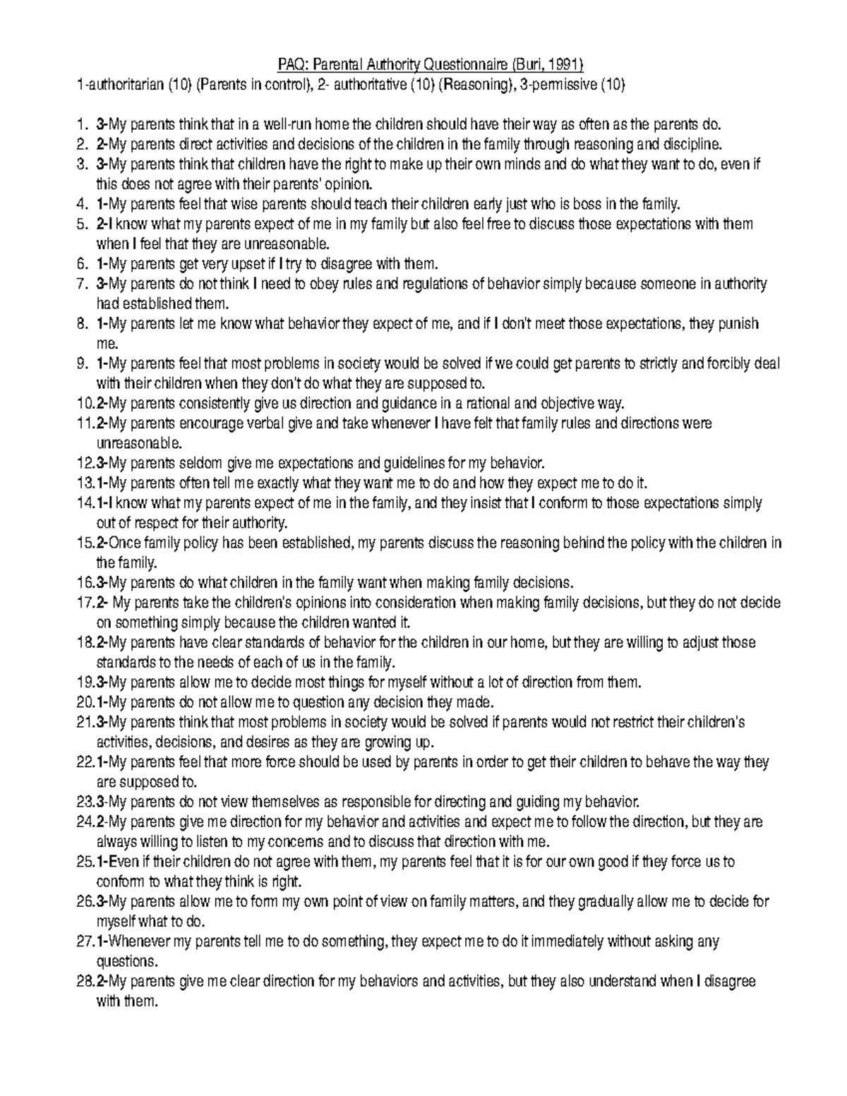 Parental Authority Questionnaire Insights: Analyzing Styles (Buri, 1991 ...