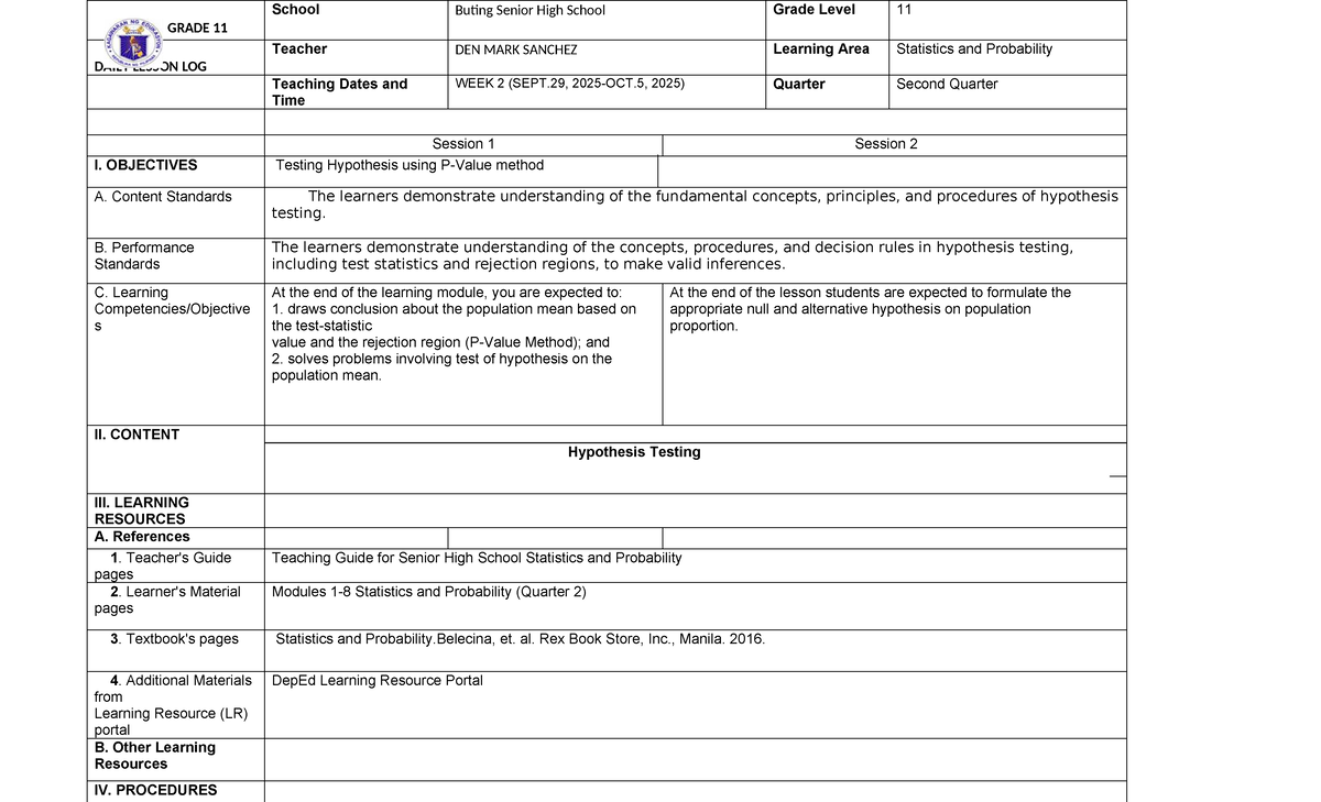 GRADE 11 STATISTICS & PROBABILITY DAILY LESSON LOG (WEEK 2) - Studocu