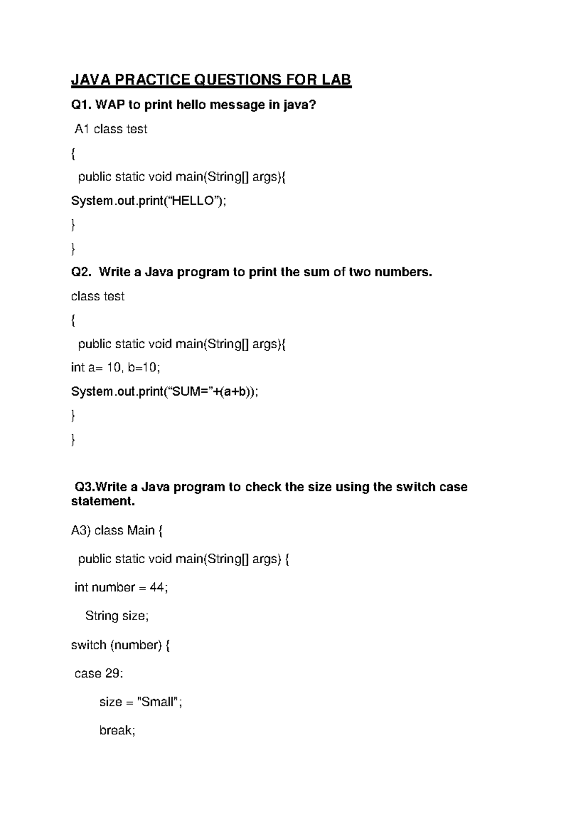 Java practical questions list - JAVA PRACTICE QUESTIONS FOR LAB Q1. WAP to print hello message ...