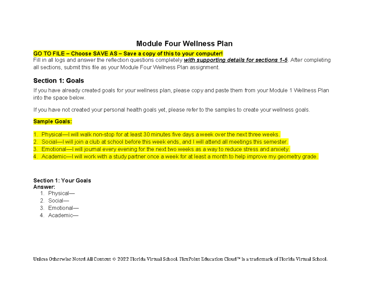 Module four wellness plan - Module Four Wellness Plan GO TO FILE ...