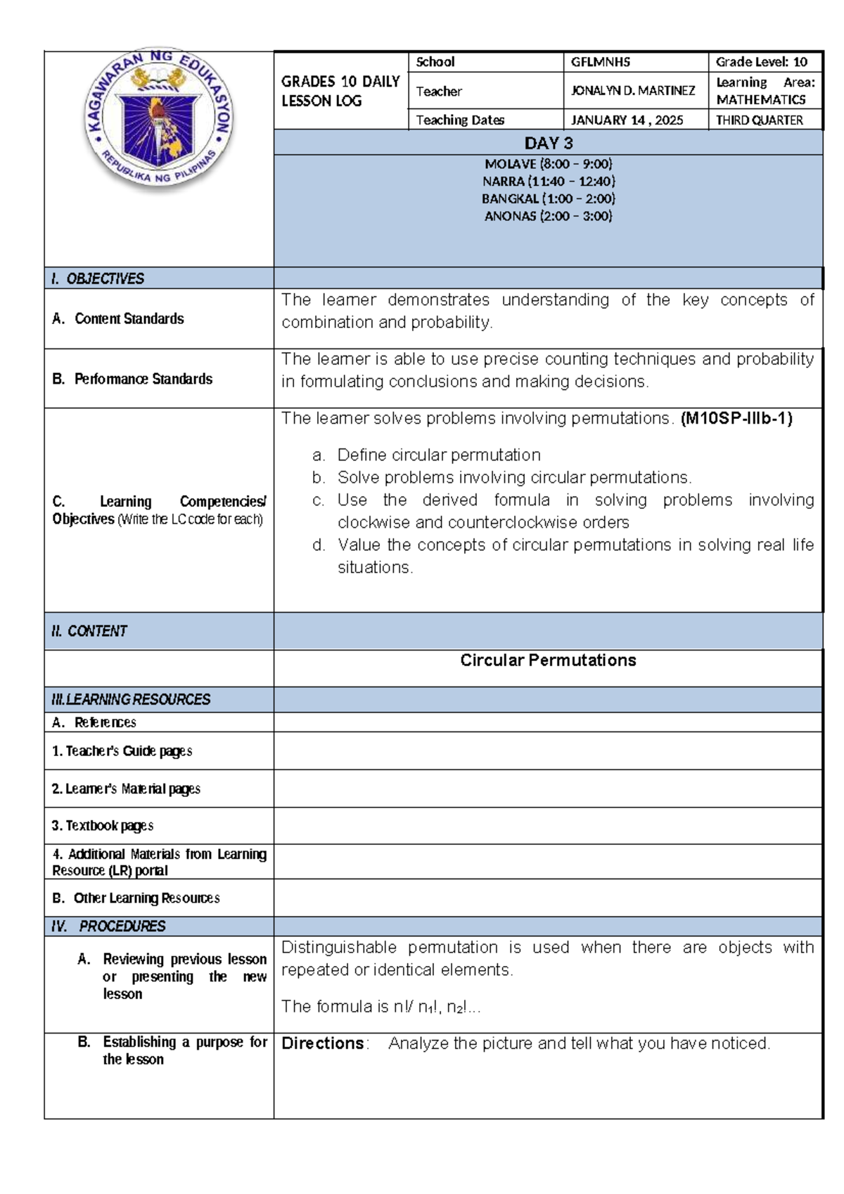 GFLMNHS Grade 10 Math Lesson Log: Circular Permutations (Jan 14, 2025 ...