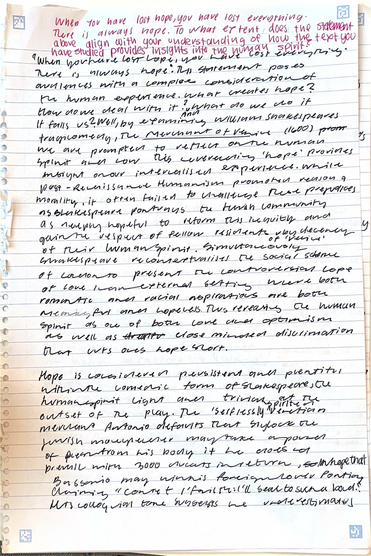 ENG 101 Essay: The Human Spirit and Hope in Shakespeare's The Merchant ...