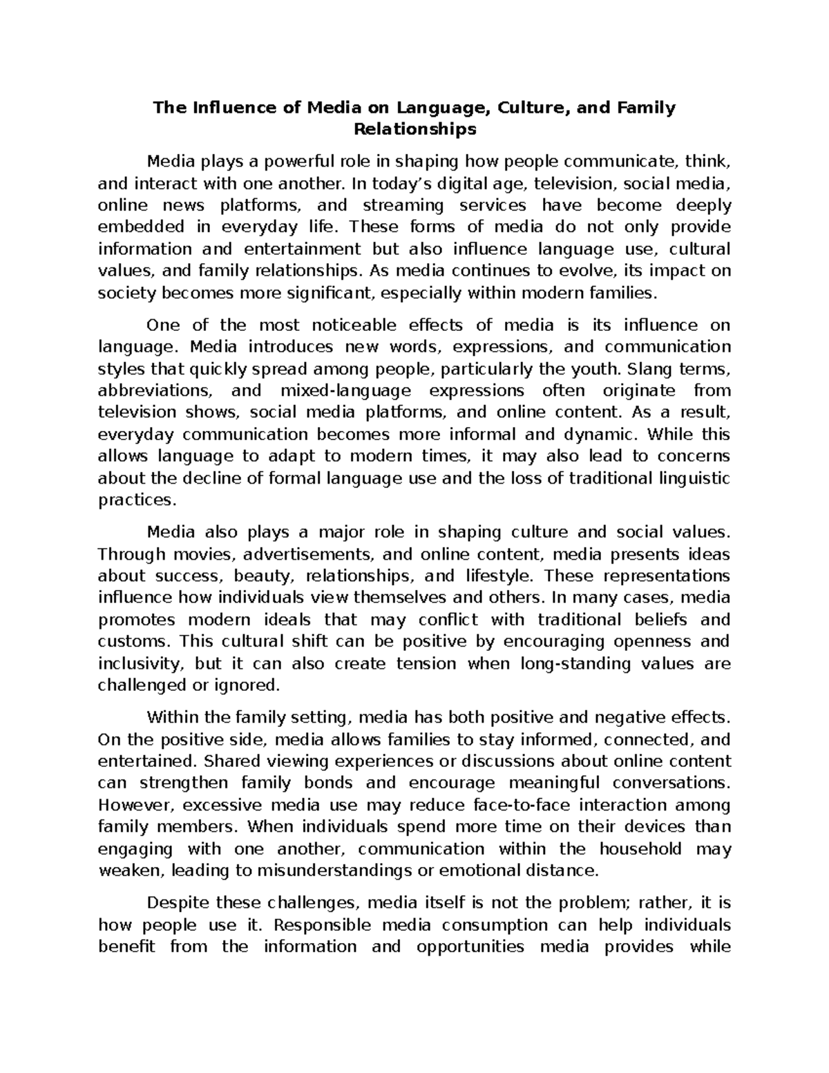 The Impact of Media on Language, Culture & Family Dynamics - Studocu