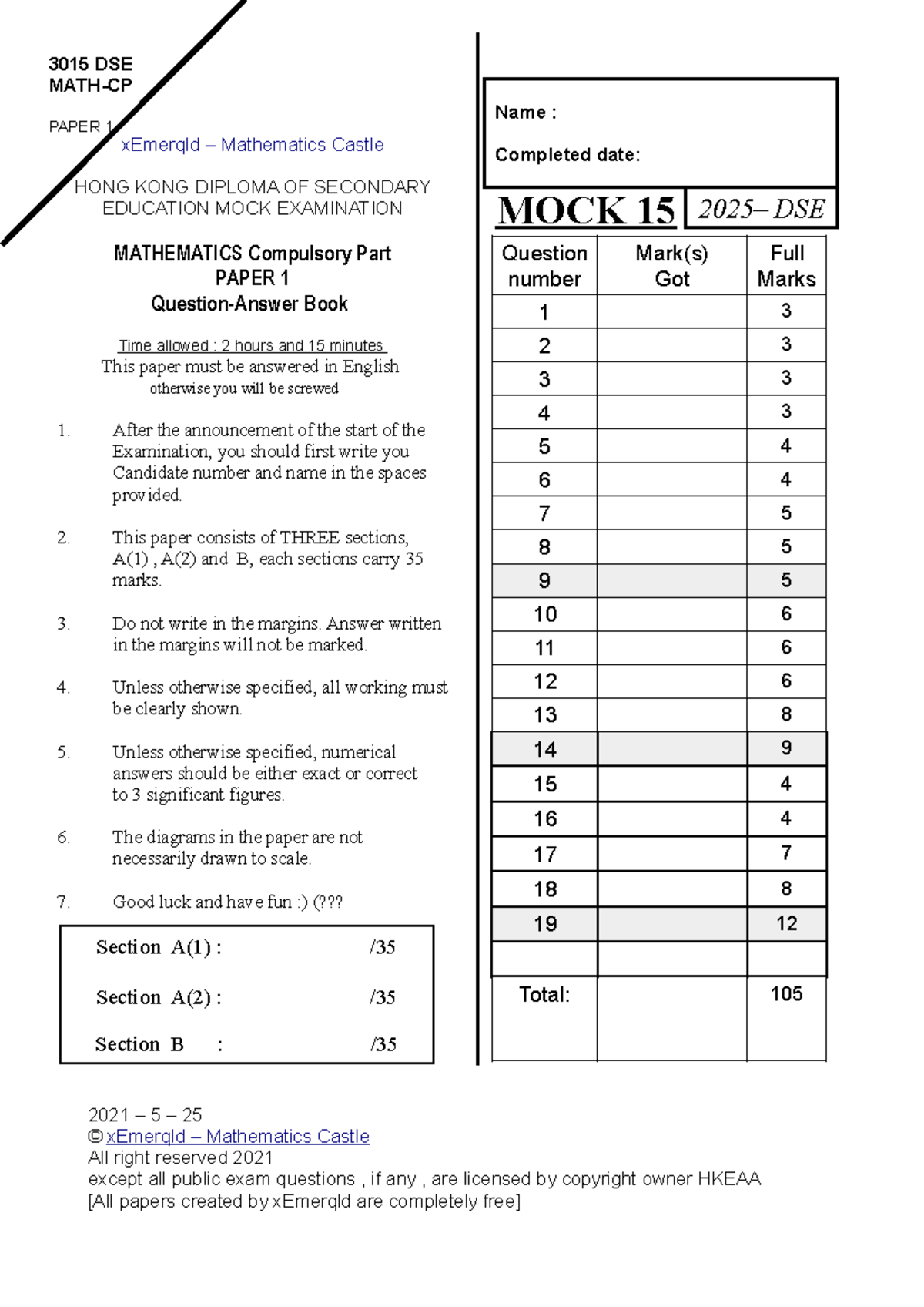Maths Mock 15 ,Paper 1 (3015) - Question number Mark(s) Got Full Marks ...