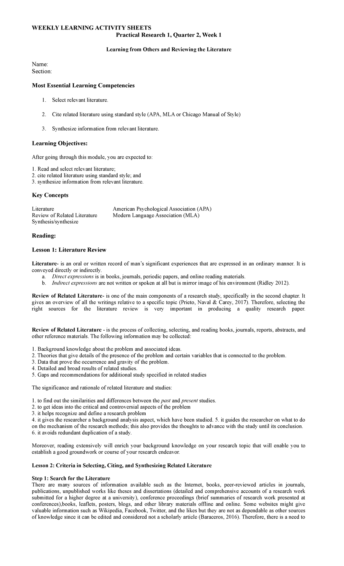 Q2 PR1 - Learning Activity Sheets: Research Literature Review Guide ...