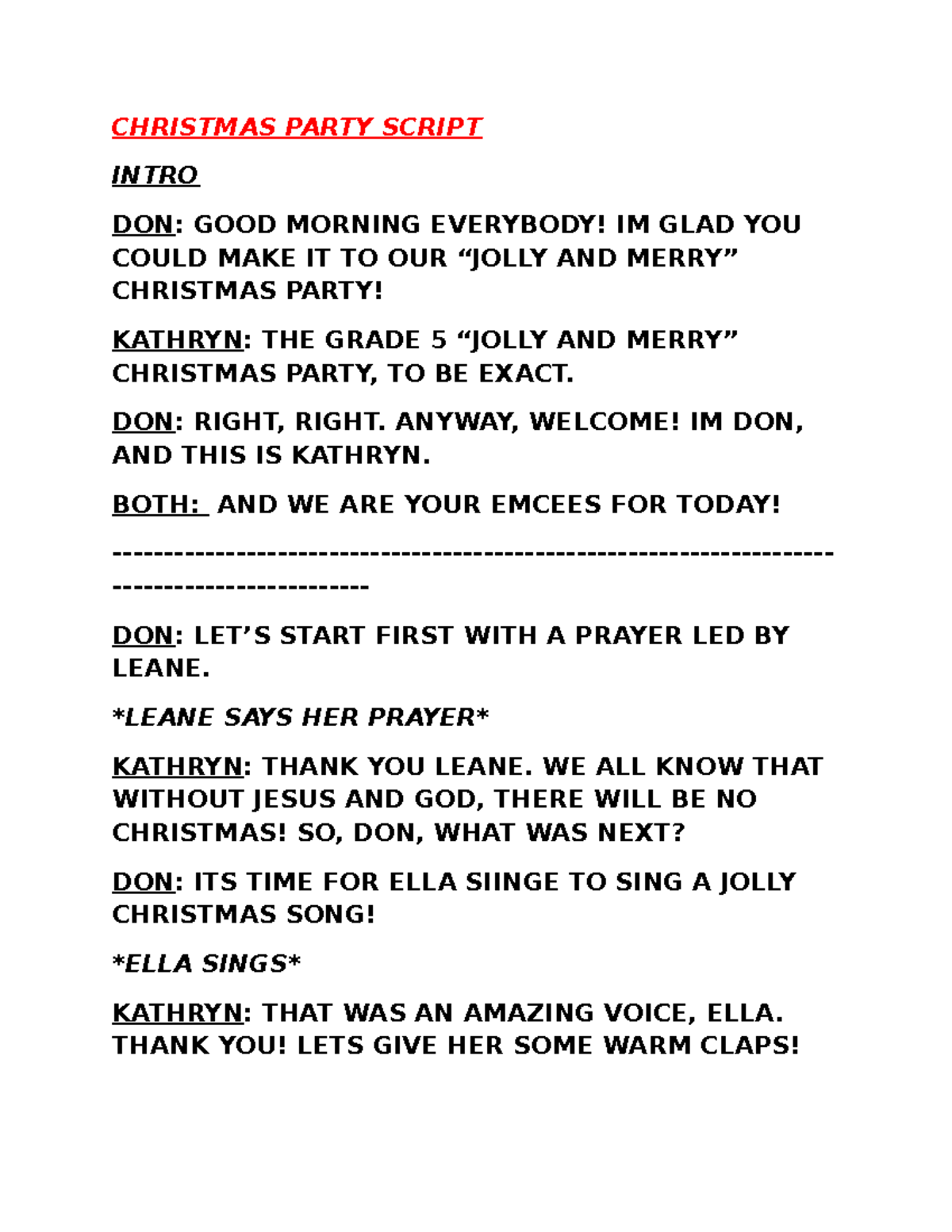 Grade 5 Xmas Party Emcee Script - Jolly and Merry Event - Studocu