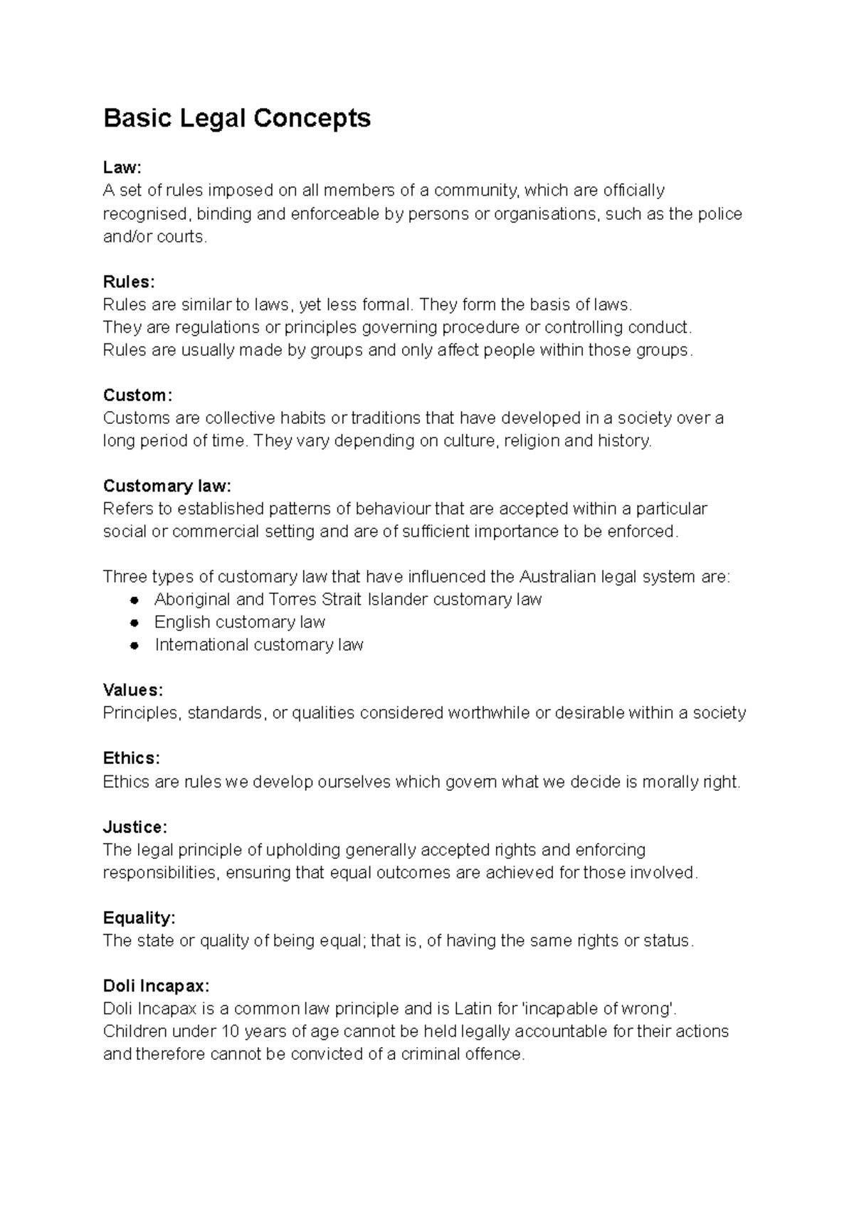 Basic Legal Concepts Review Notes HSC Syllabus Dot Point - Studocu