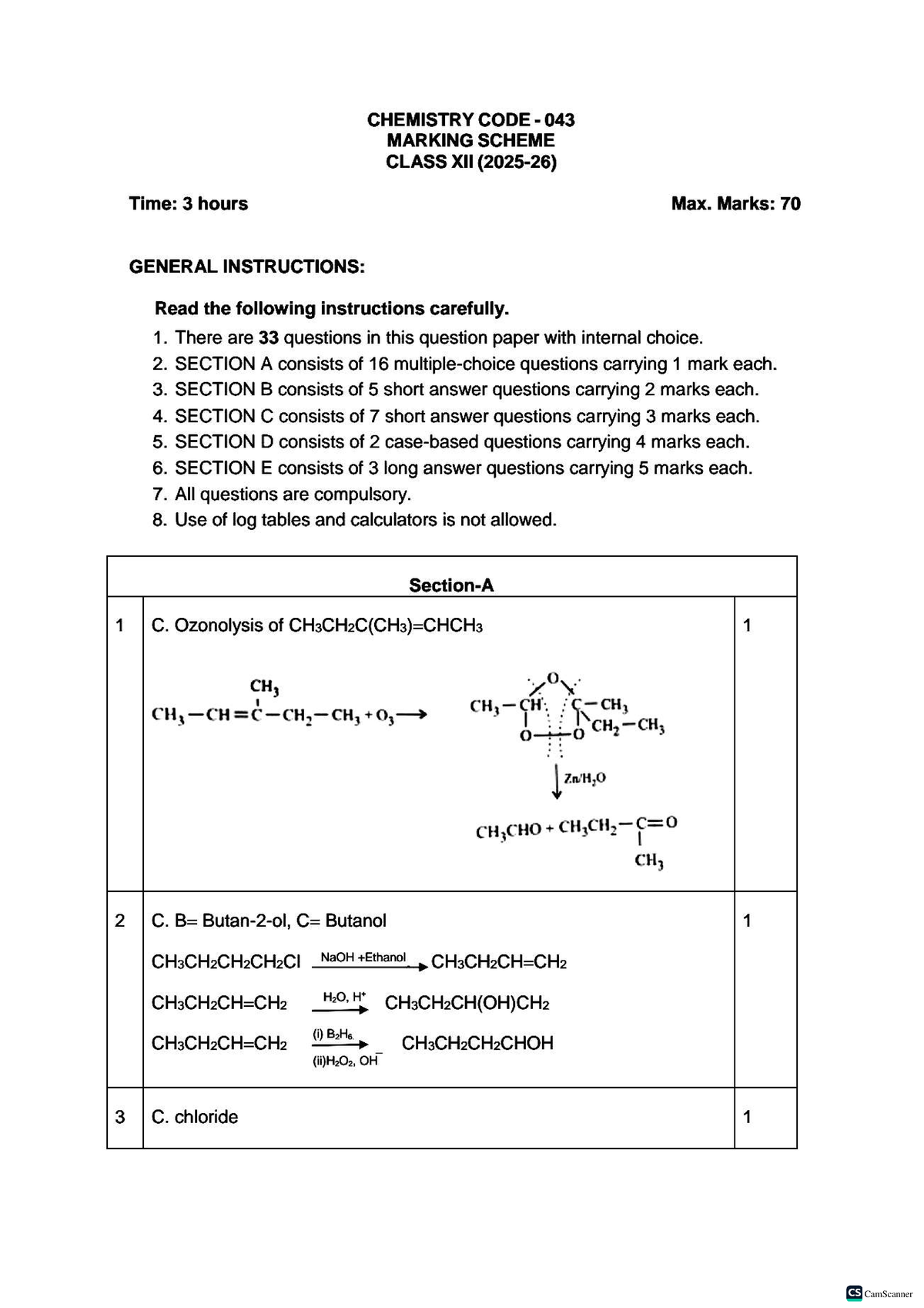 Chemistry Code 043 Class XII Marking Scheme - Final Exam - Studocu