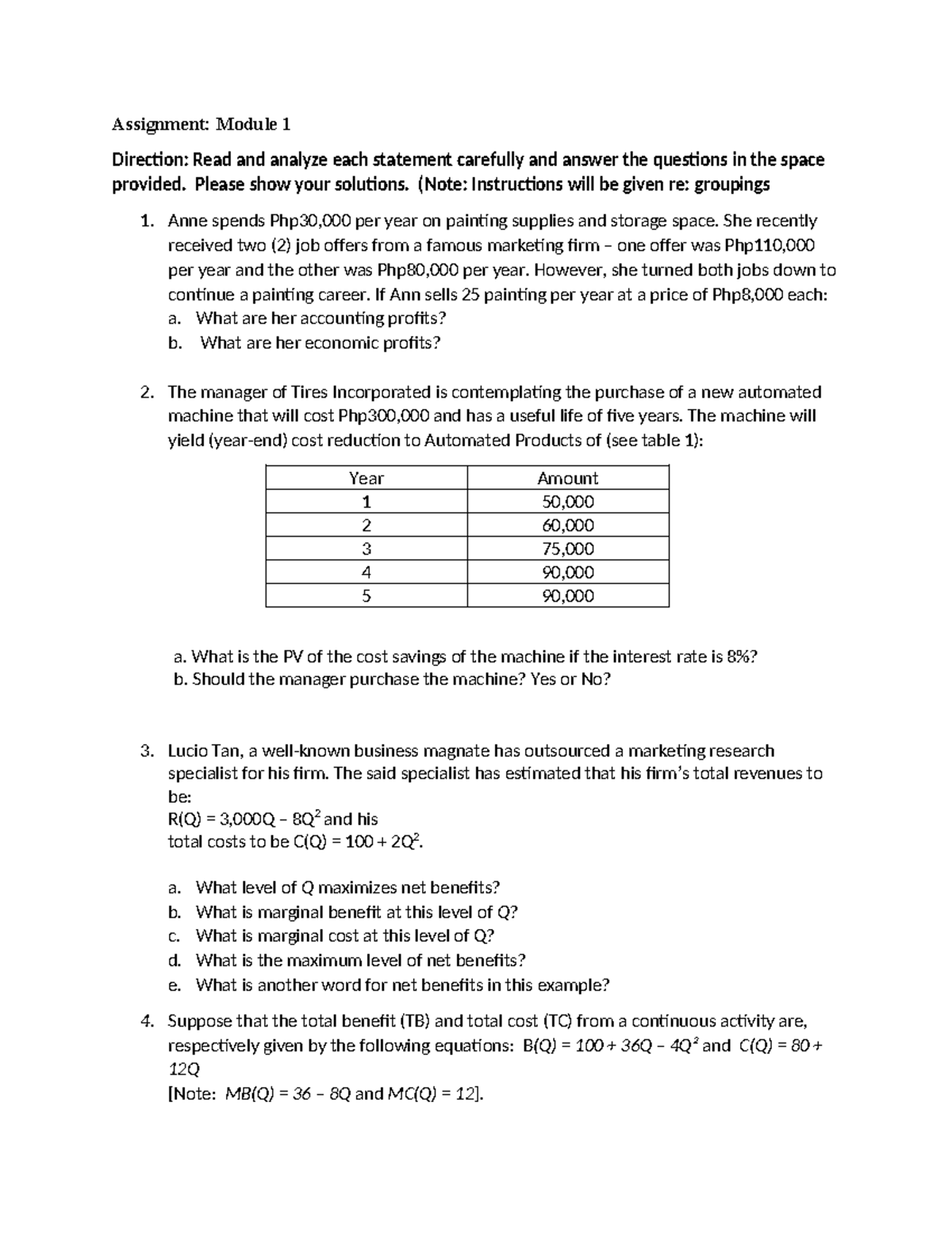 Module 1 - Chapter 1 Assignment on Profits and Cost Analysis - Studocu