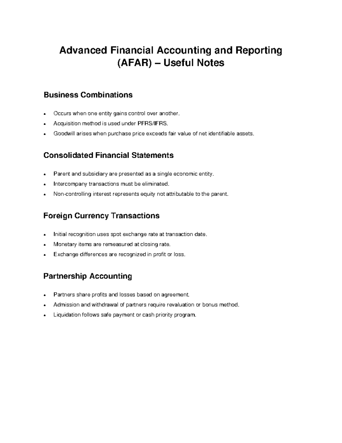 AFAR Useful Notes: Business Combinations & Financial Reporting - Studocu