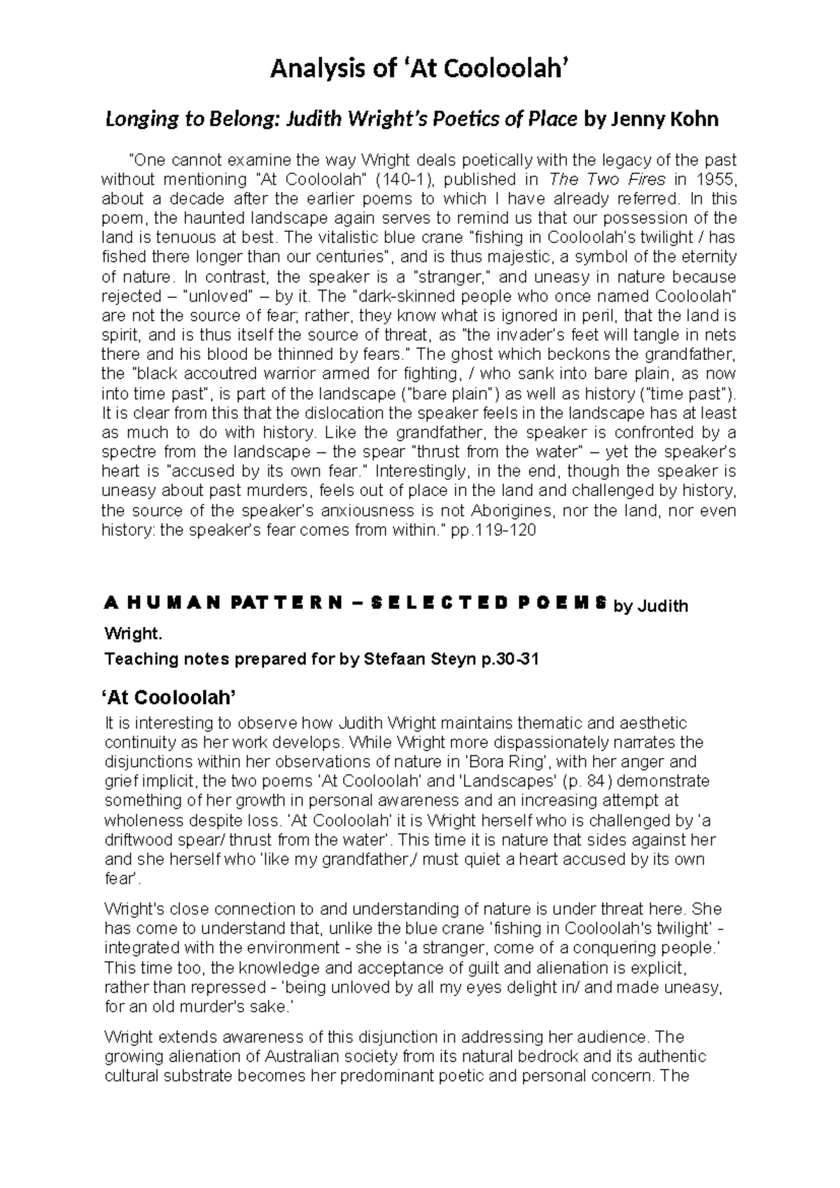Analysis of Judith Wright's Poem 'At Cooloolah' - A Study Guide - Studocu