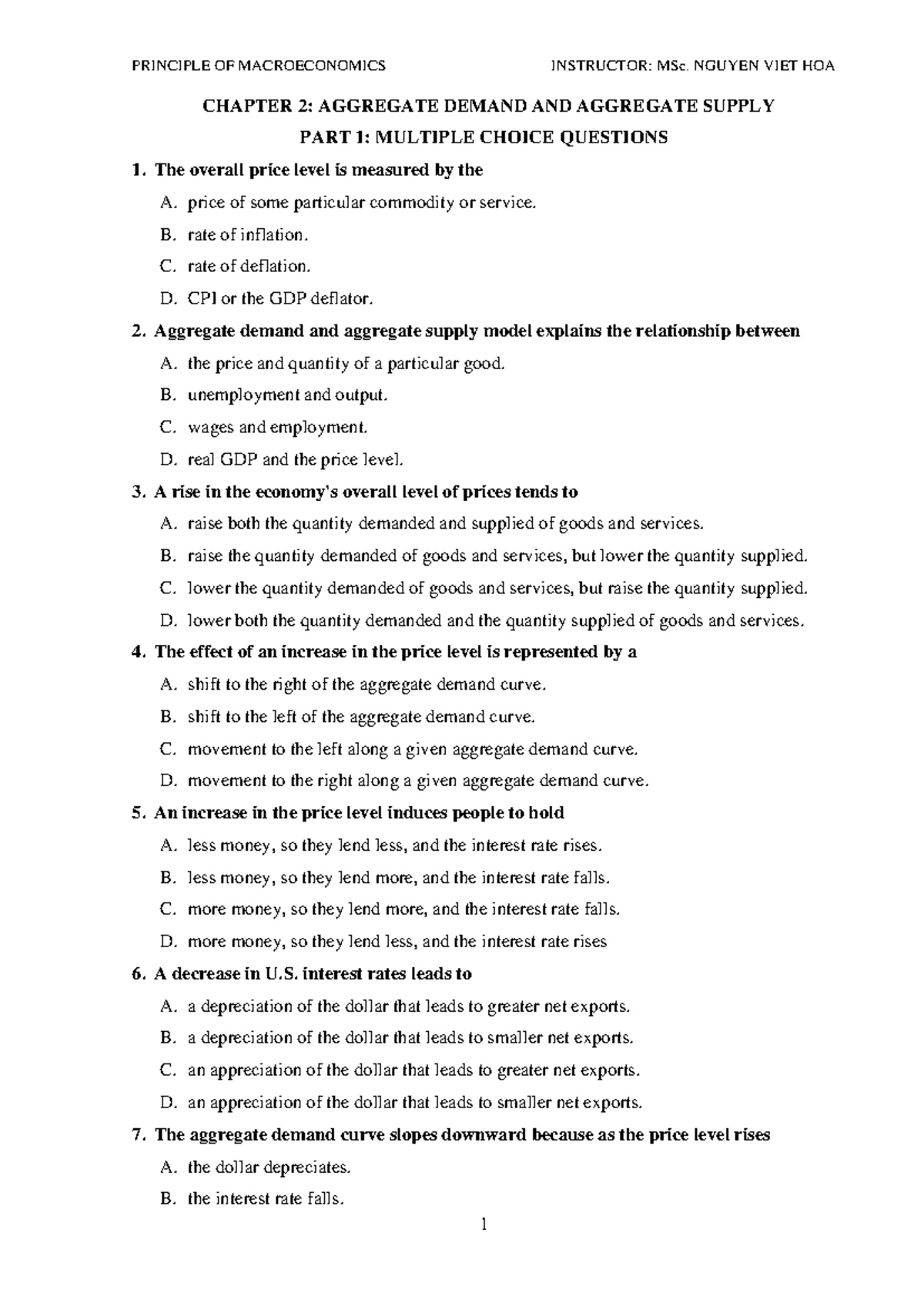 Principle of Macroeconomics (ECON 101) - Chapter 2 MCQs on AD & AS ...