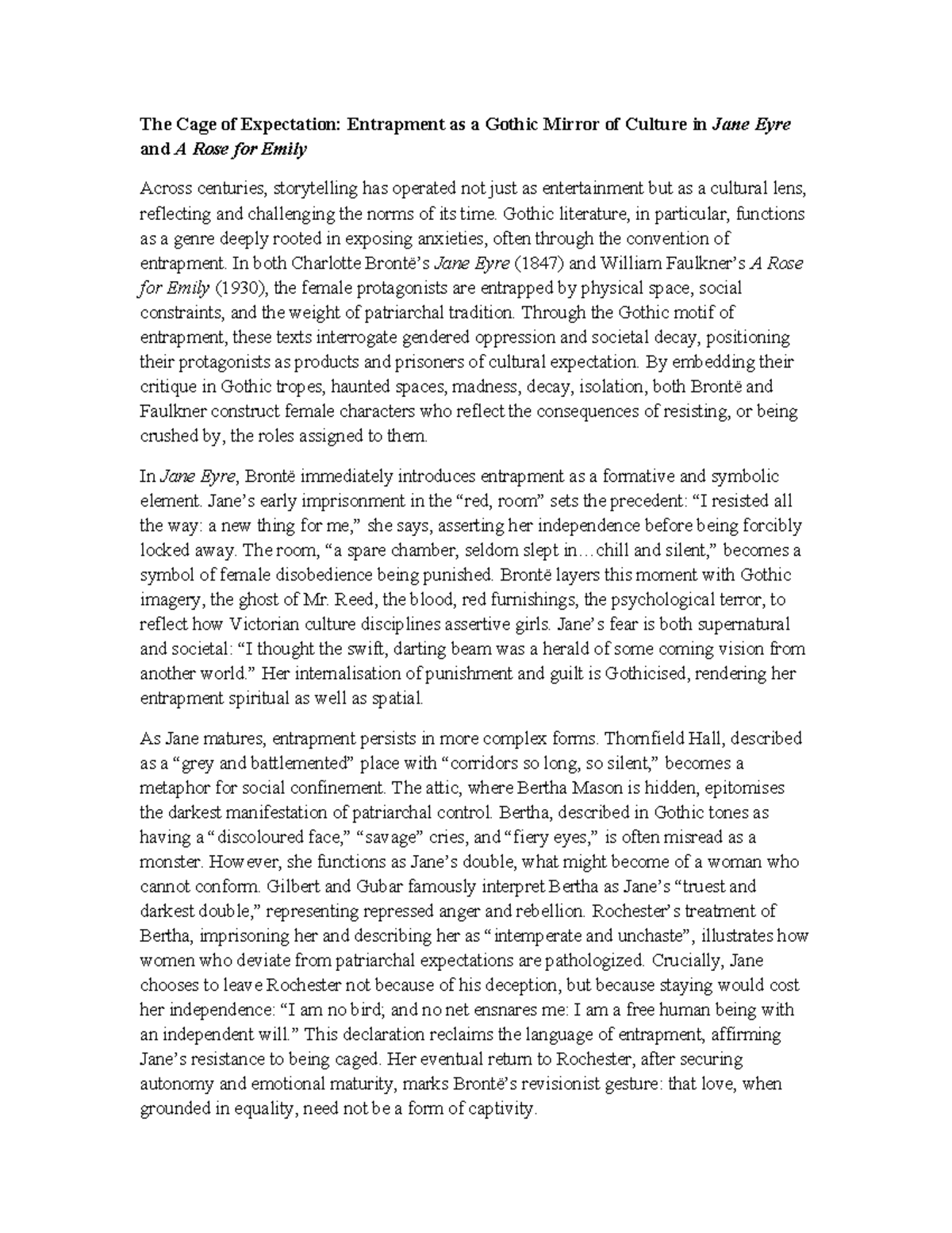 Gothic Essay: Entrapment in Jane Eyre & A Rose for Emily - Studocu