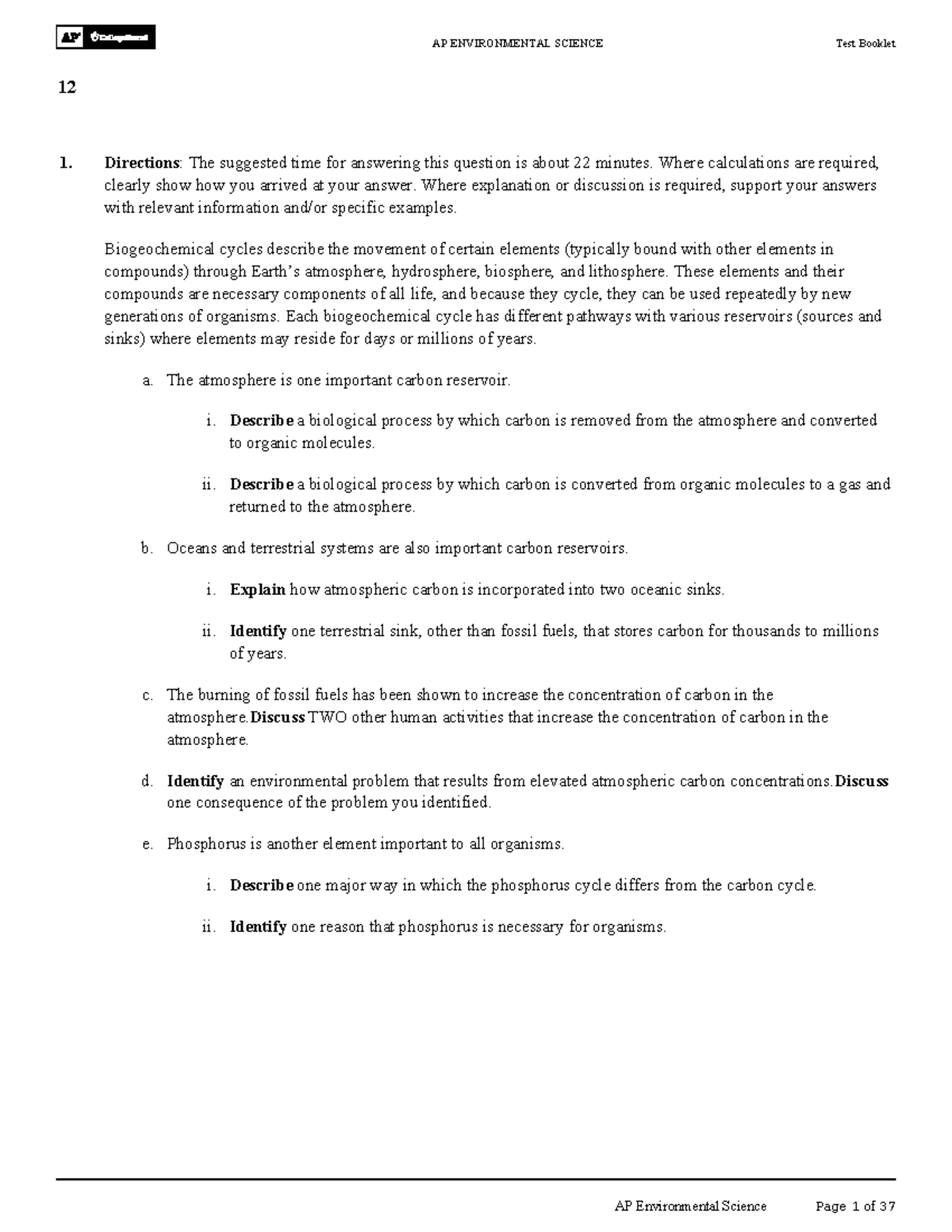 AP ENVIRONMENTAL SCIENCE Test Booklet 12: Biogeochemical Cycles ...